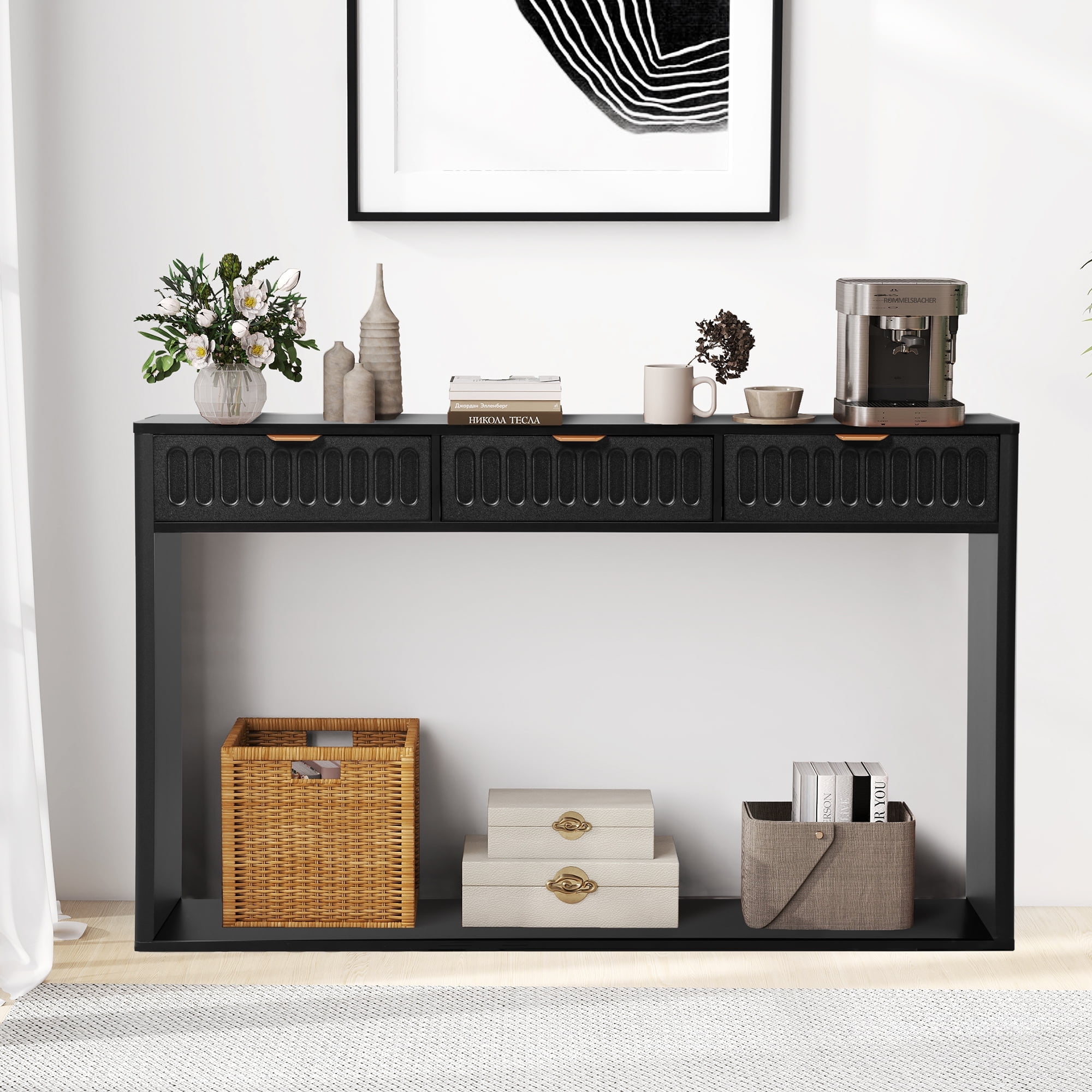 PHOYAL Fluted Black Console Table with 3 Drawers, Entryway Table with ...