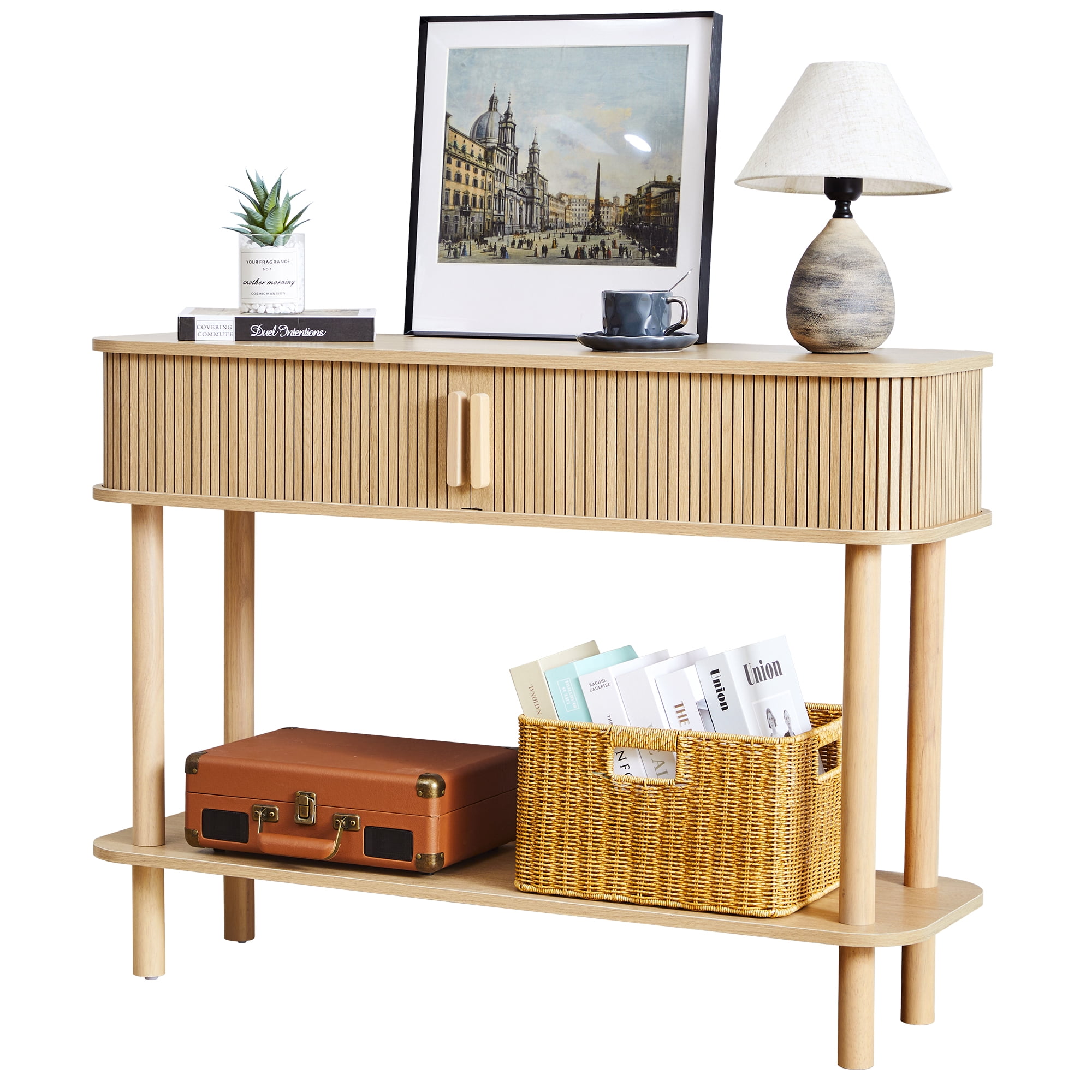 PHOYAL Fluted Console Table Sofa Table with 2 Tambour Sliding Doors and Open Storage Shelves ...