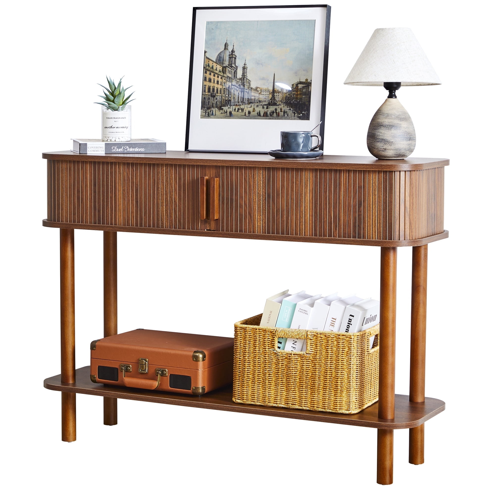 PHOYAL Fluted Console Table Sofa Table with 2 Tambour Sliding Doors and Open Storage Shelves ...