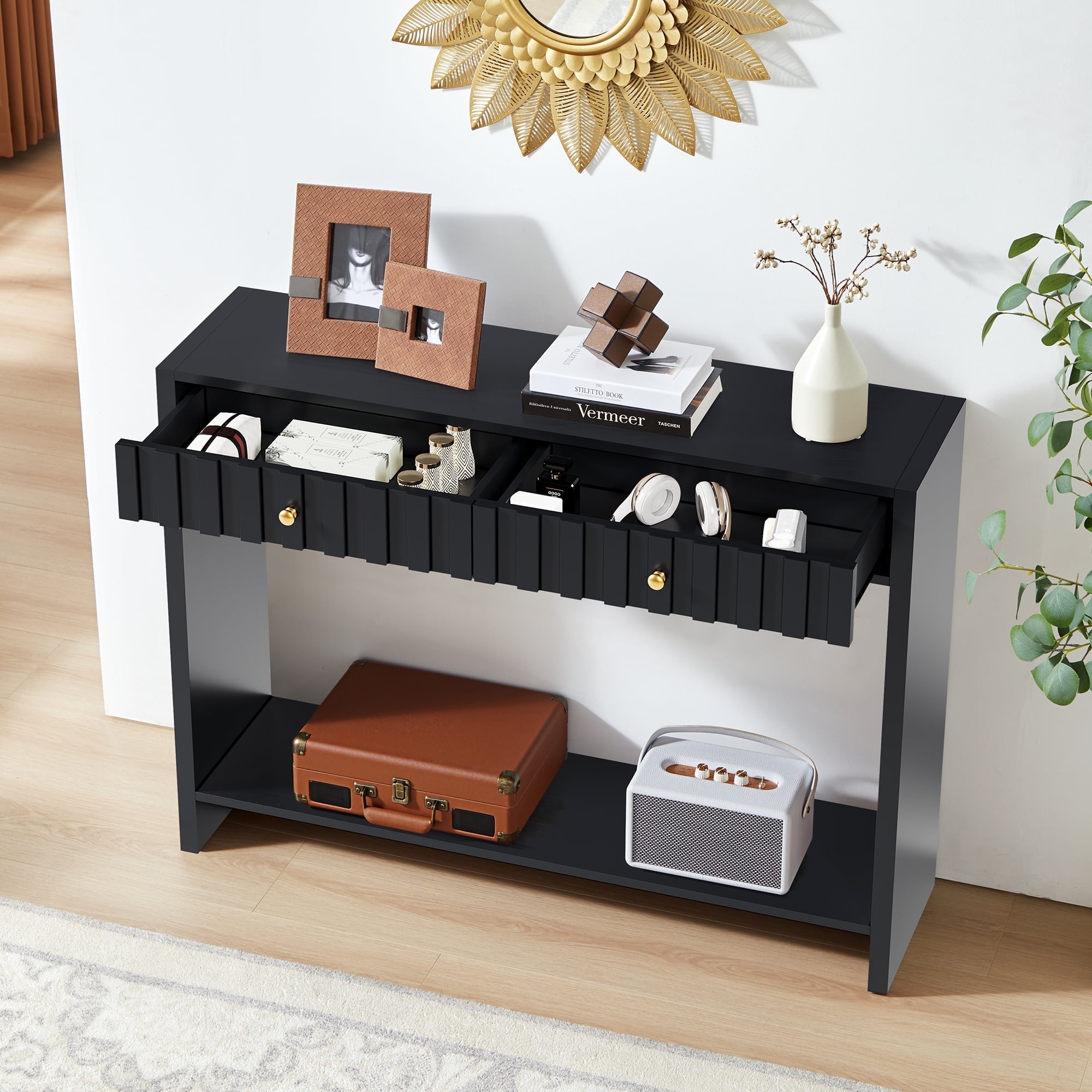 PHOYAL Fluted Console Table with Drawer and Open Storage Shelves ...