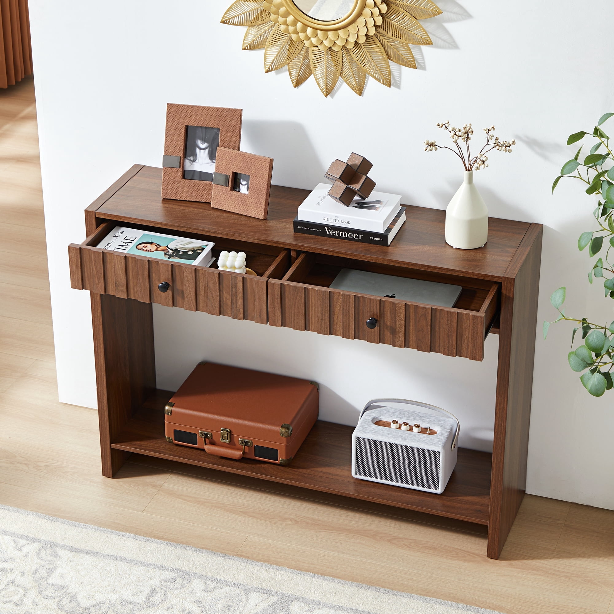 PHOYAL Fluted Console Table with Drawer and Open Storage Shelves ...