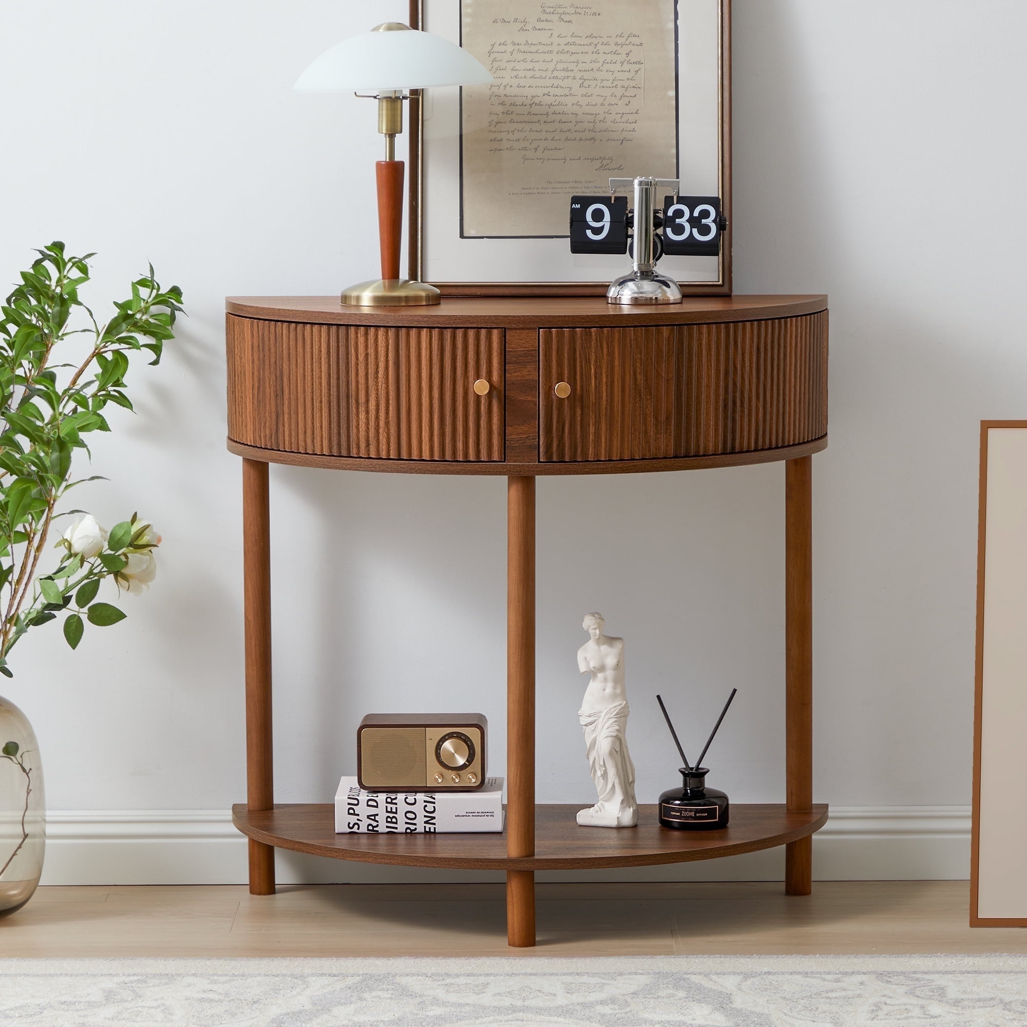 PHOYAL Fluted Half Moon Console Table with Drawers and Storage, Wooden ...