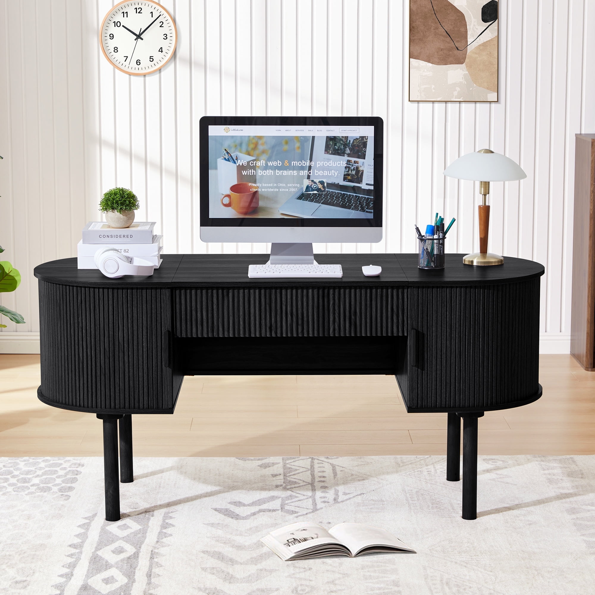 PHOYAL Fluted Home Office Desks with Drawers and Storage, Computer PC ...