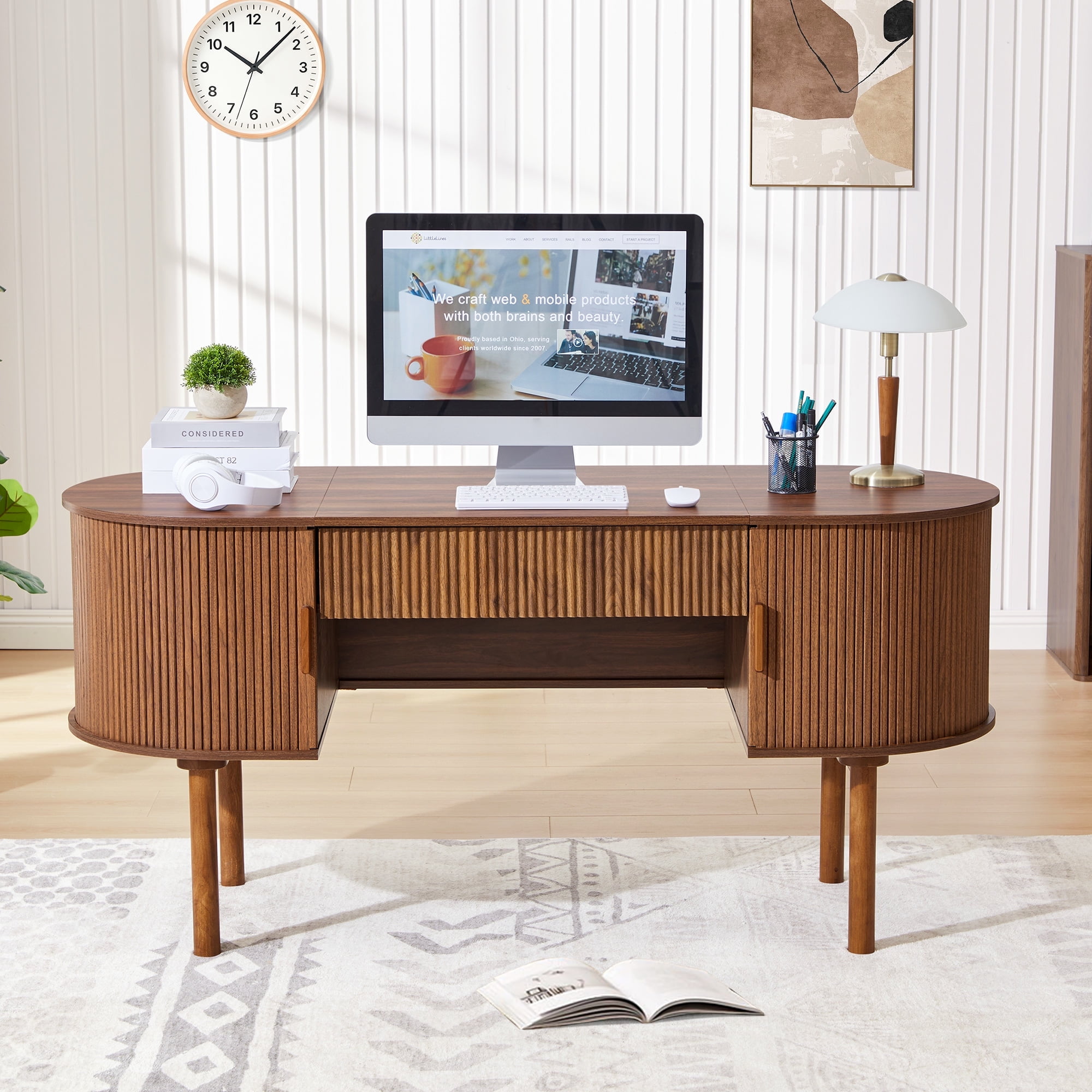PHOYAL Fluted Home Office Desks with Drawers and Storage, Computer PC ...