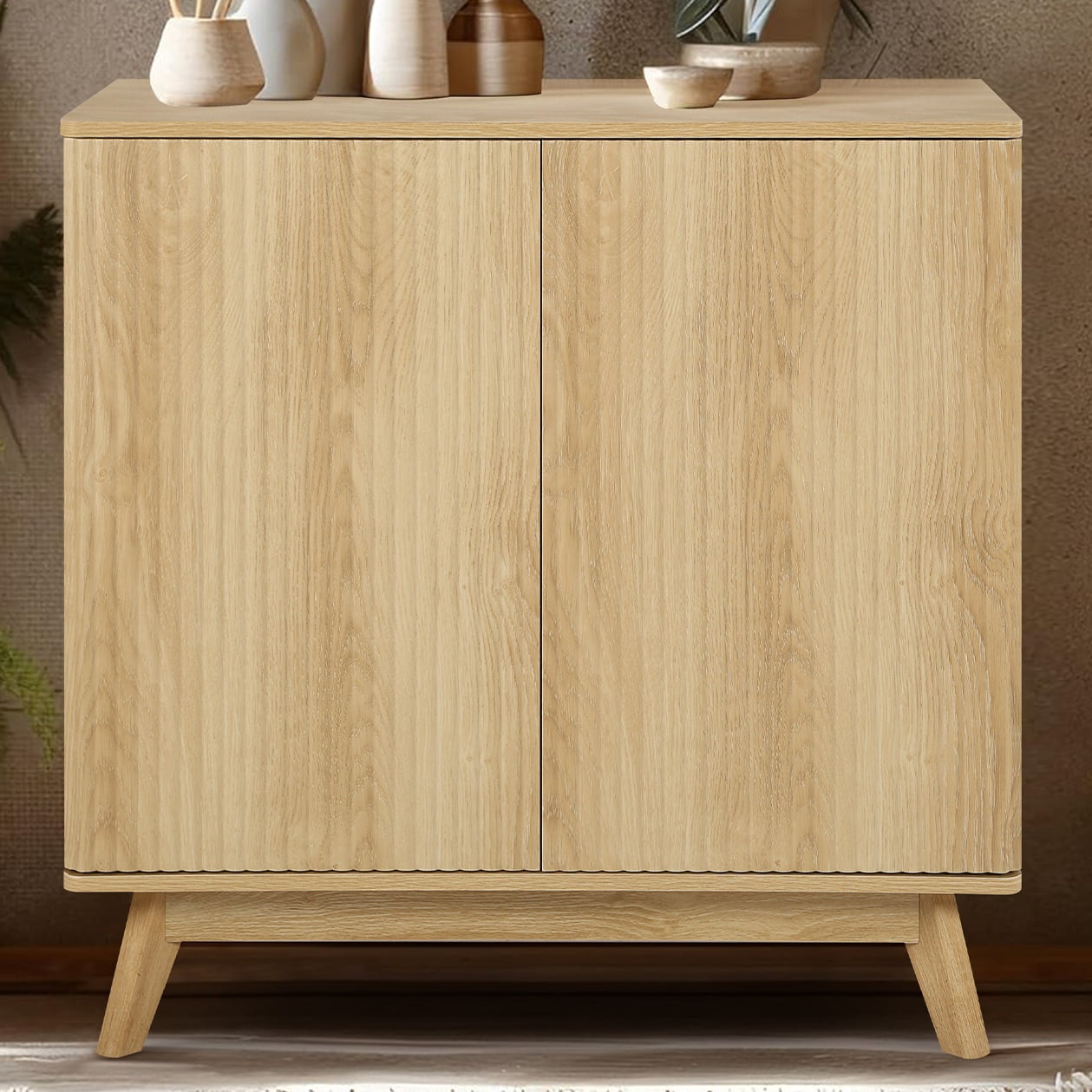 PHOYAL Fluted Sideboard and Buffets, Beige Buffet Cabinet with 2 Doors ...