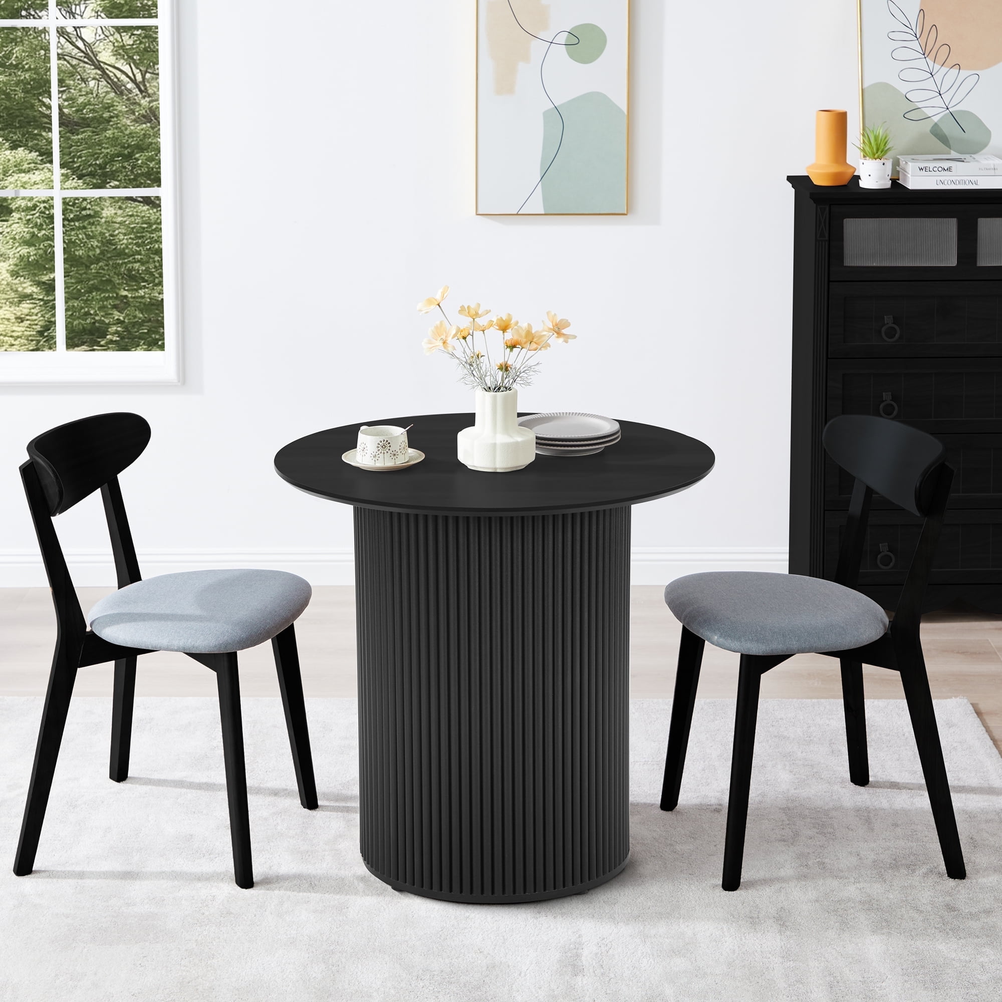 PHOYAL Fluted Small Round Dining Table Set for 2, 31.5 Inch Circle Dining Table Set for Kitchen ...