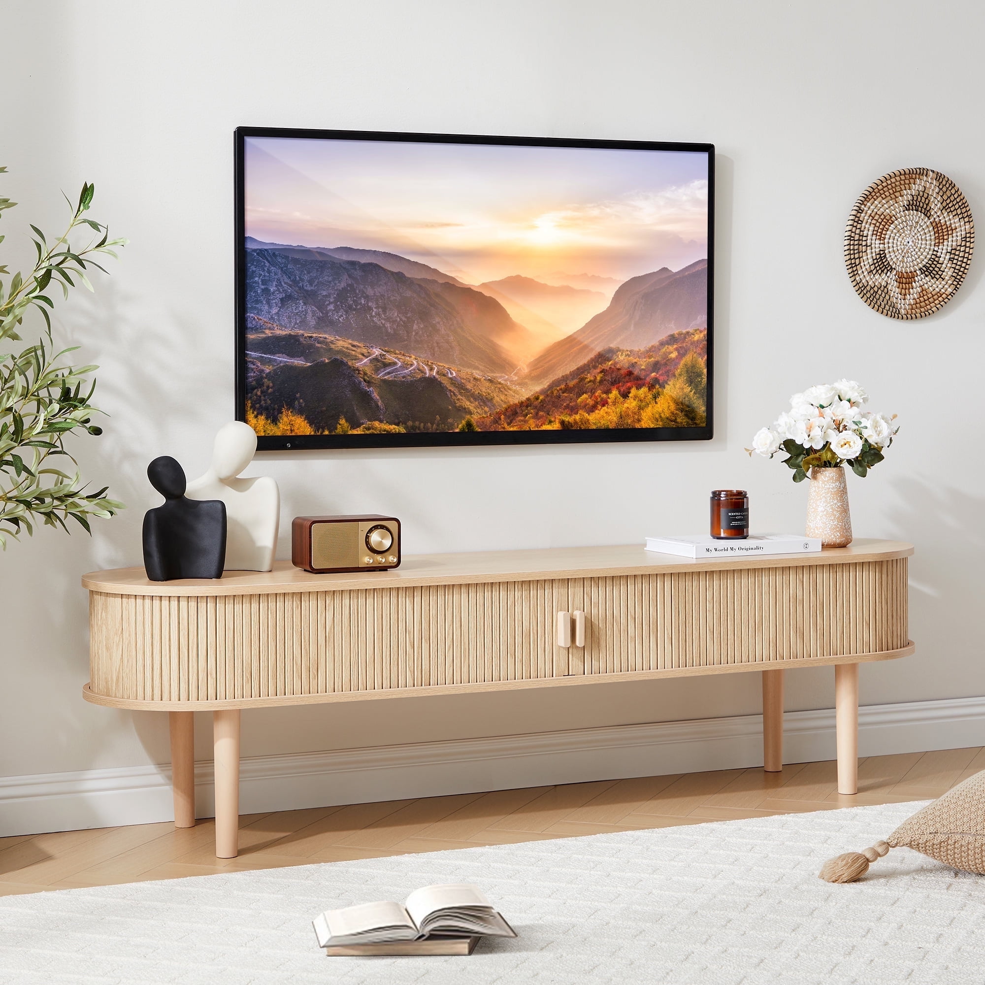 PHOYAL Fluted TV Stand for 60 inch TV , Modern Oval TV Console Table ...