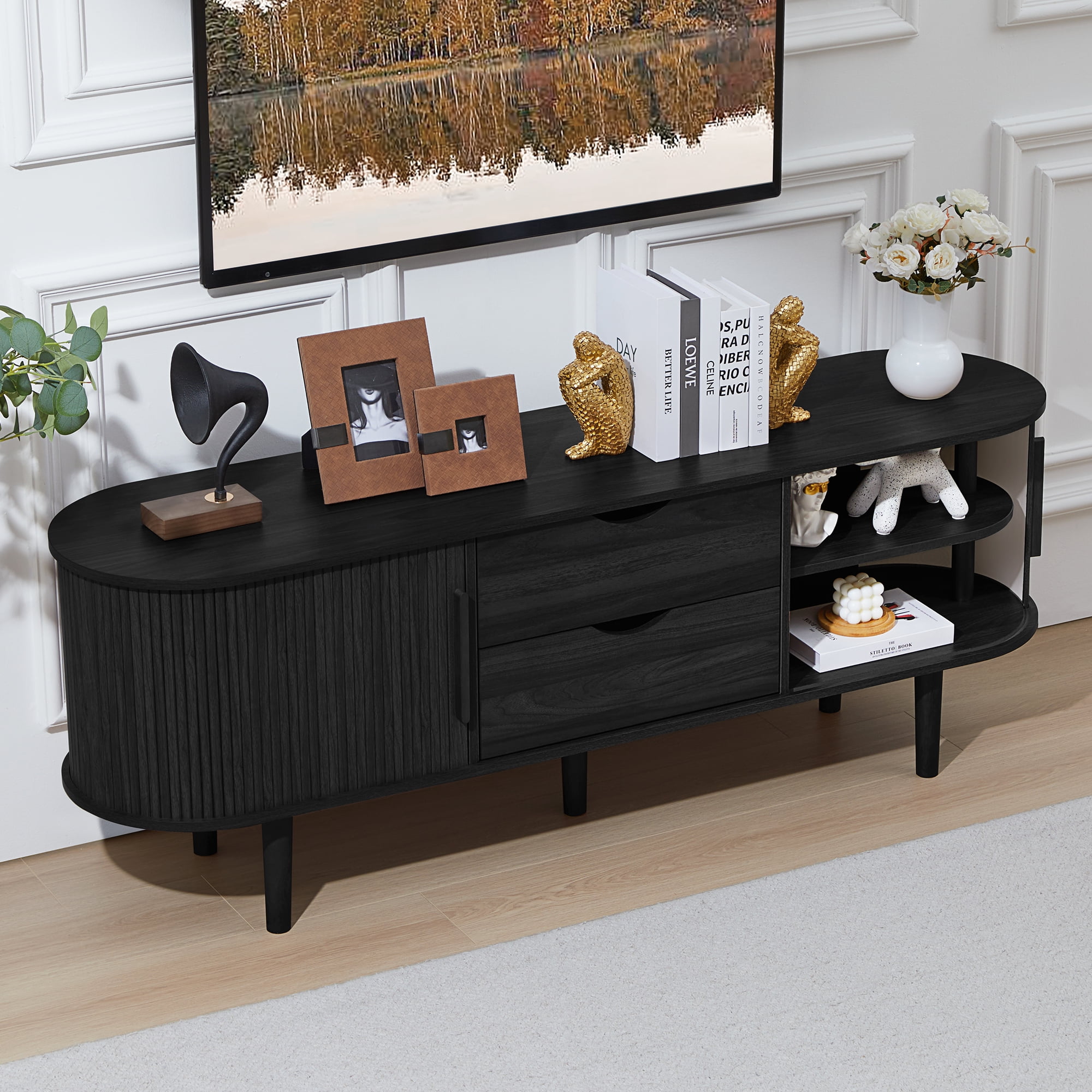 PHOYAL Fluted TV Stand, Modern TV Console Table with Storage ...