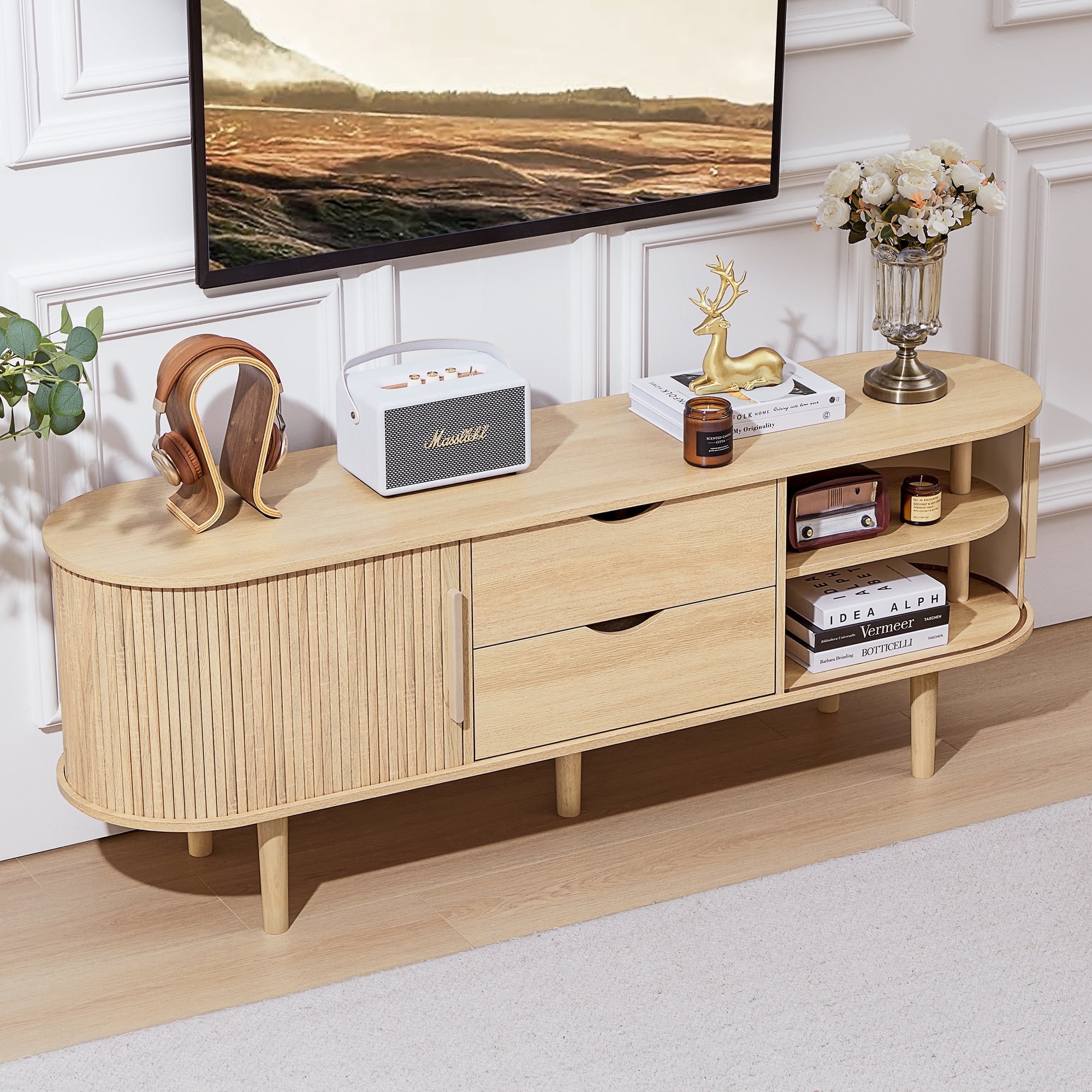 PHOYAL Fluted TV Stand, Modern Oval TV Console Table with Storage ...
