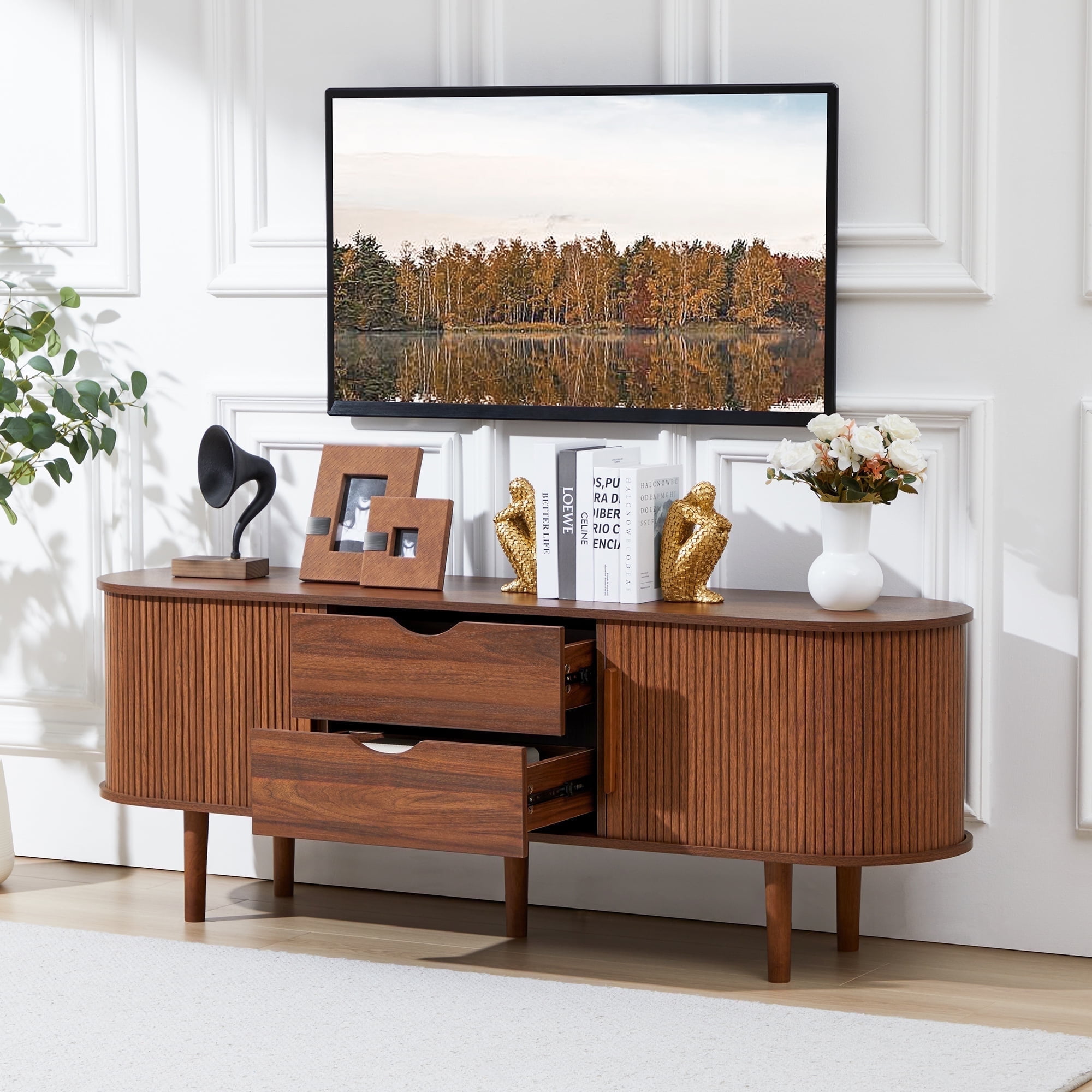 PHOYAL Fluted TV Stand, Modern Oval TV Console Table with Storage ...