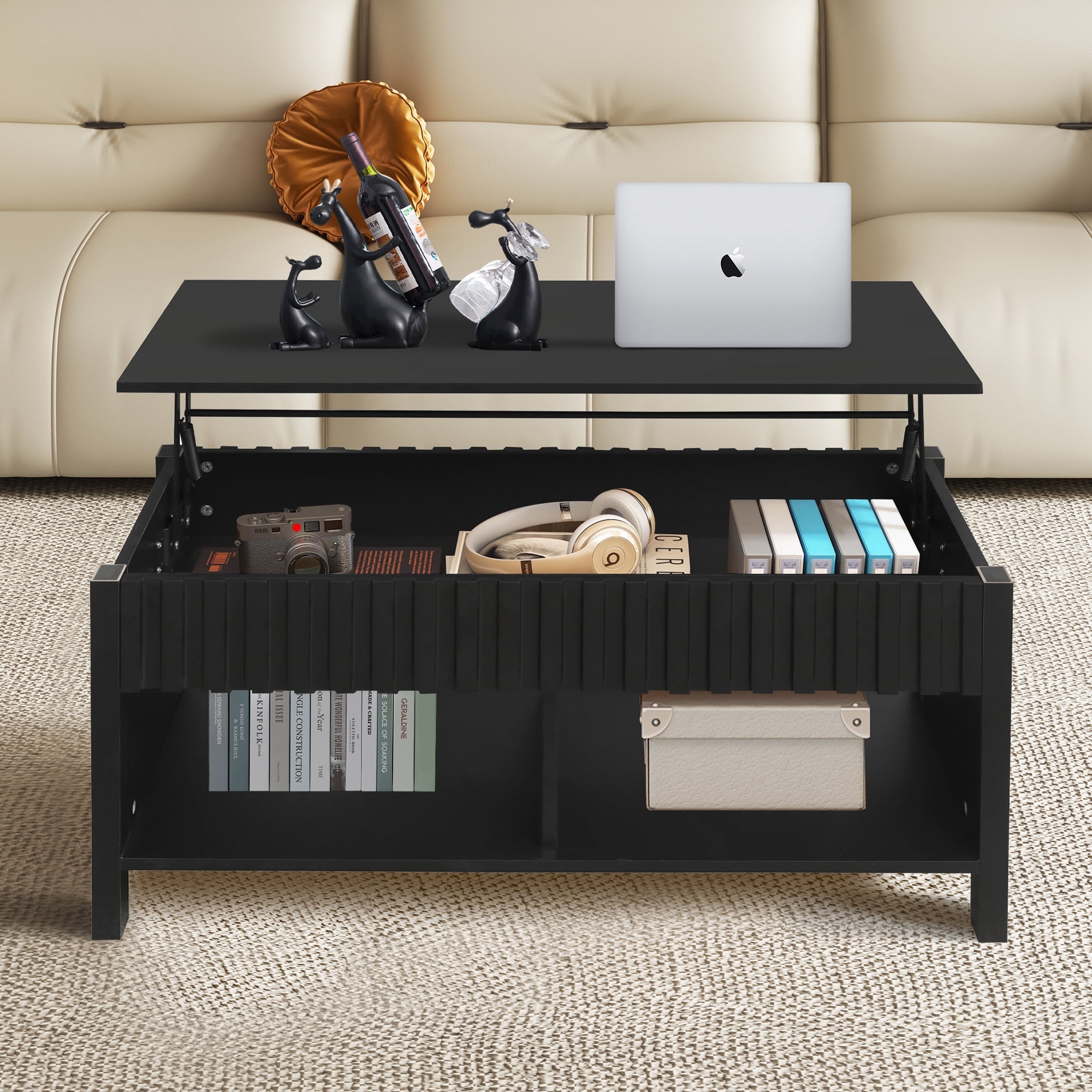 PHOYAL Lift Top Coffee Table with Hidden Compartment & Storage Shelve ...