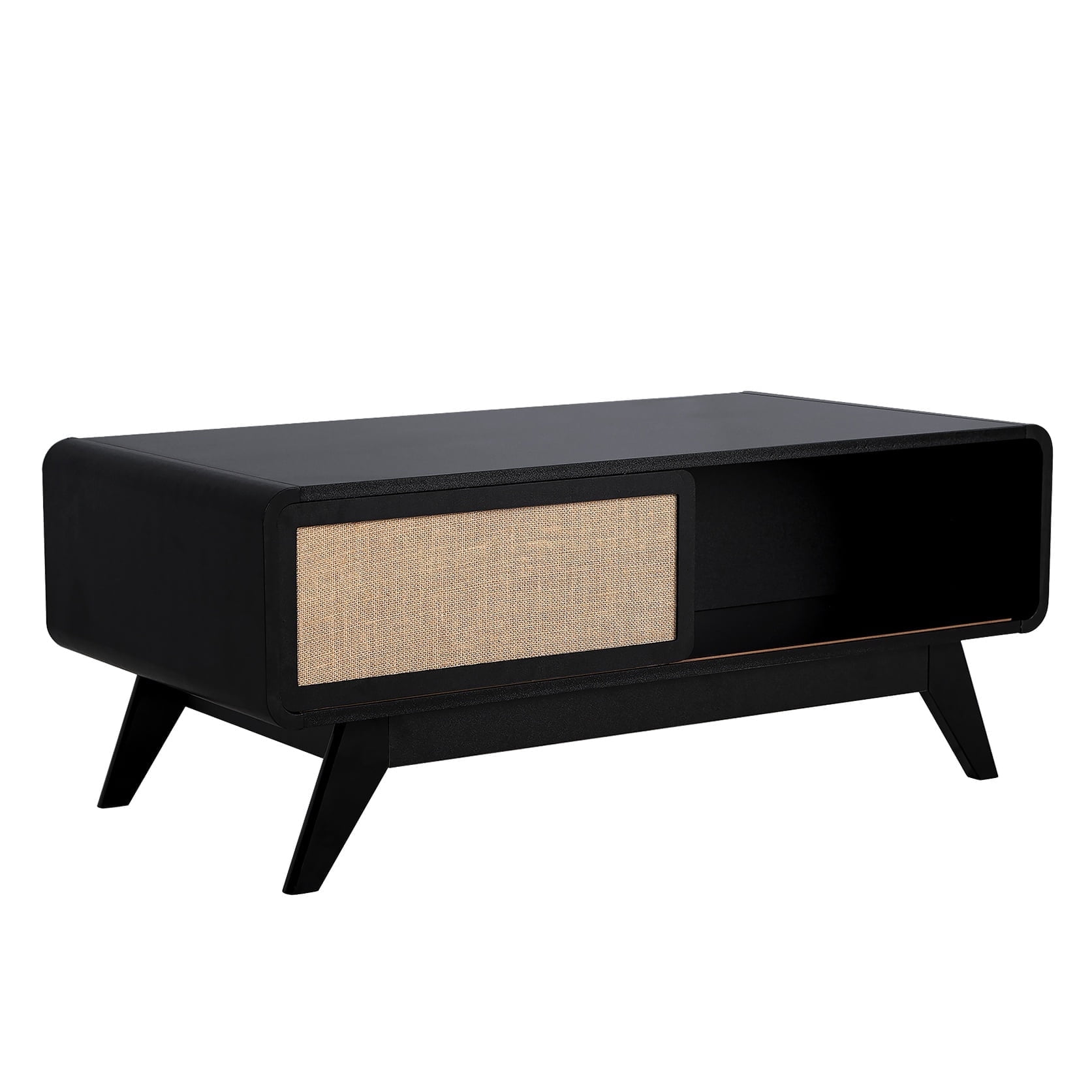 PHOYAL Mid Century Coffee Table with Sliding Door, Rattan Coffee Table ...