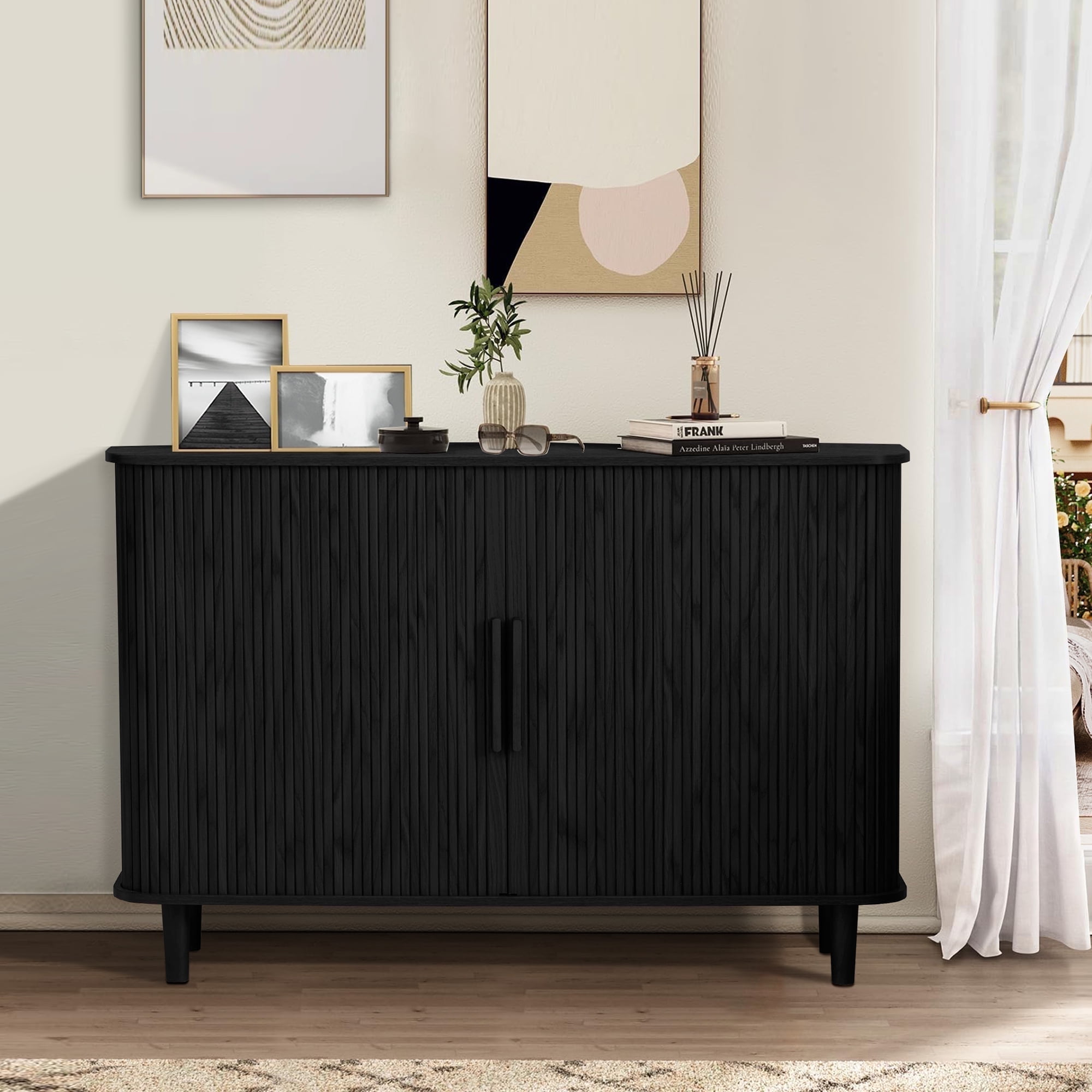 PHOYAL Rectangle Sideboards Buffets Cabinet, Fluted Sideboard Storage Cabinet with 2 Sliding ...