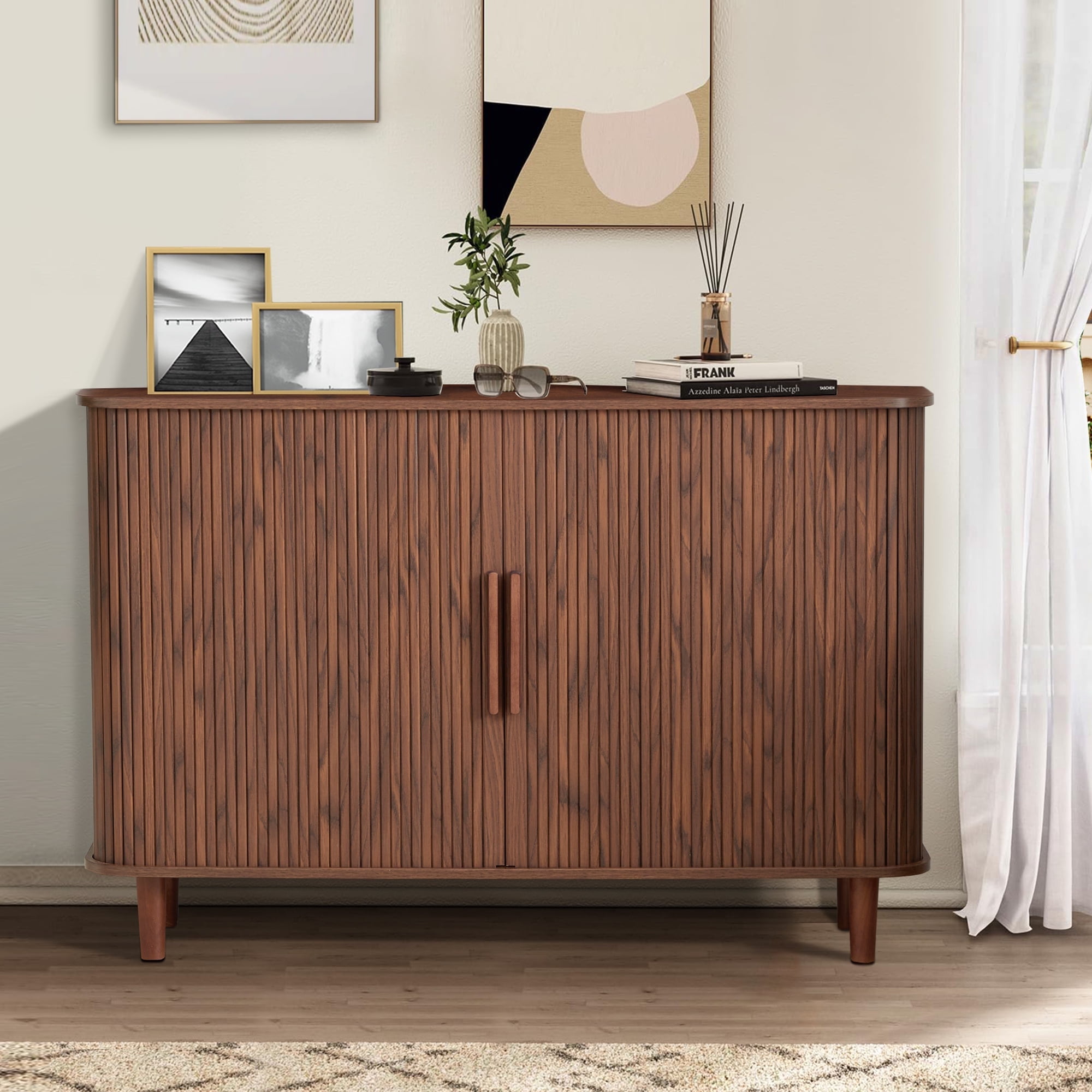 PHOYAL Rectangle Sideboards Buffets Cabinet, Fluted Sideboard Storage Cabinet with 2 Sliding ...