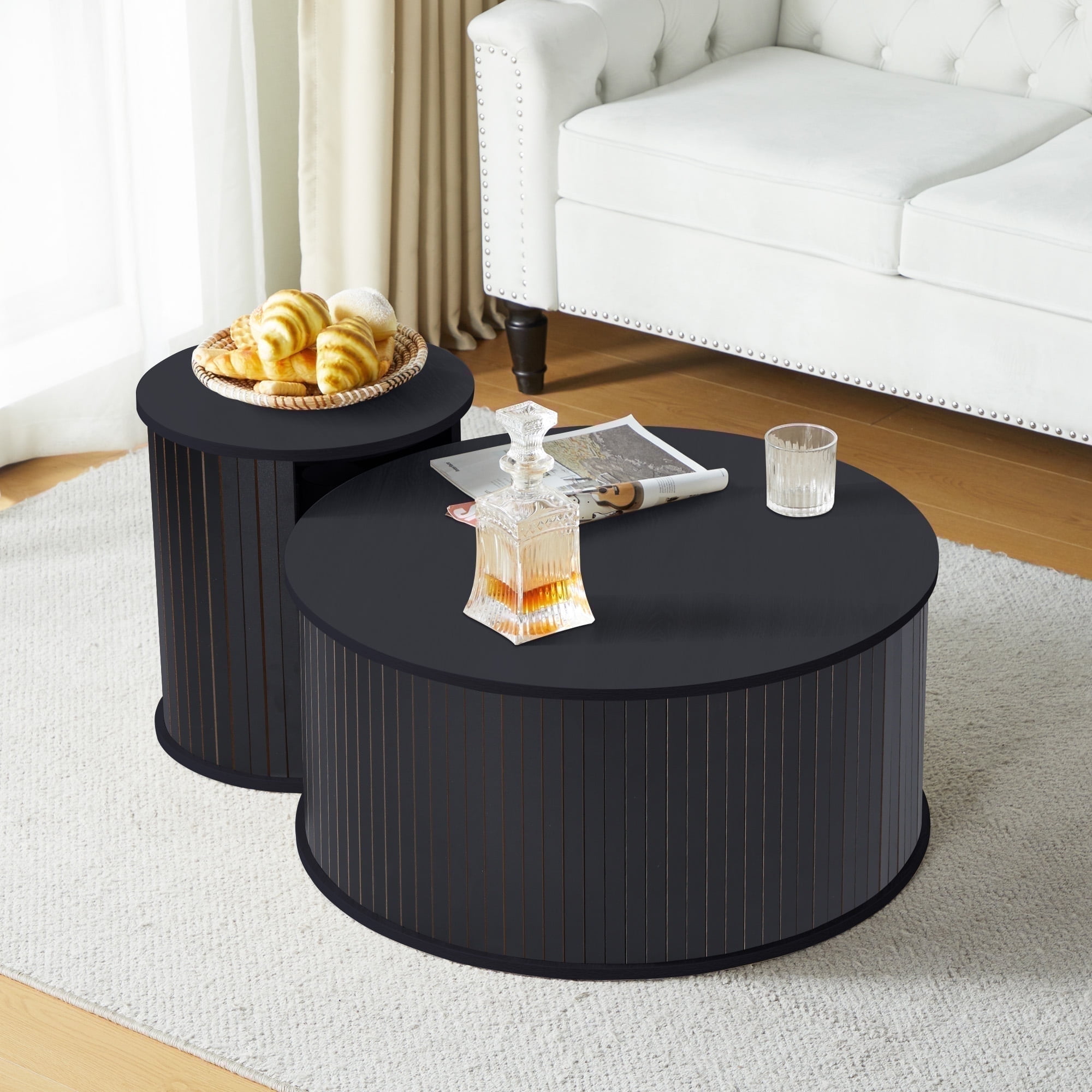 PHOYAL 2 Pieces Wooden Round Coffee Table Set with Storage for Living ...
