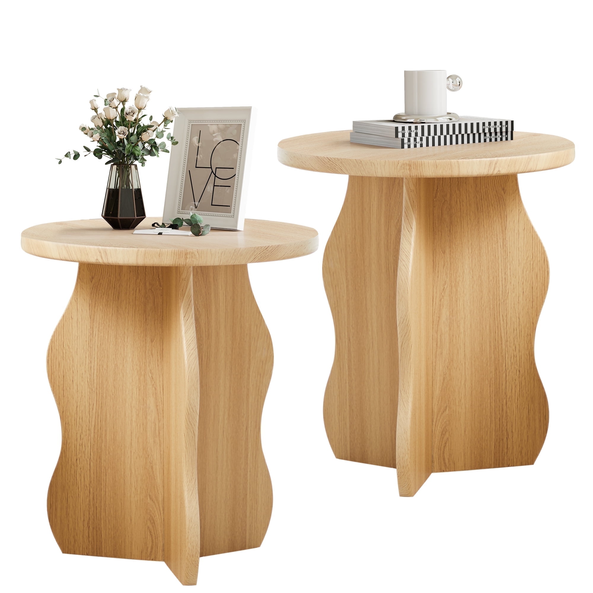 PHOYAL Round Small End Tables for Living Room Set of 2 with Wave Base ...