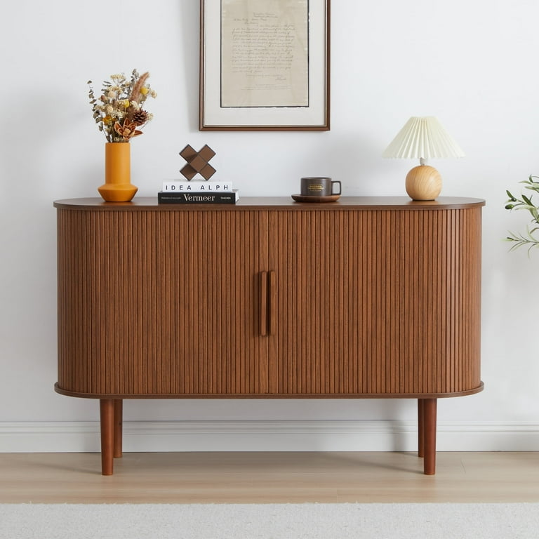 Phoyal Oval Sideboards Buffets Cabinet Fluted Sideboard Storage Cabinet with 2 Sliding Tambour Doors 53.54 inch 14.96 inch 33.46 inch Walnut