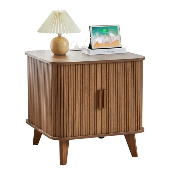 PHOYAL Walnut Large End Table with Charging Station, Vertical Strip ...