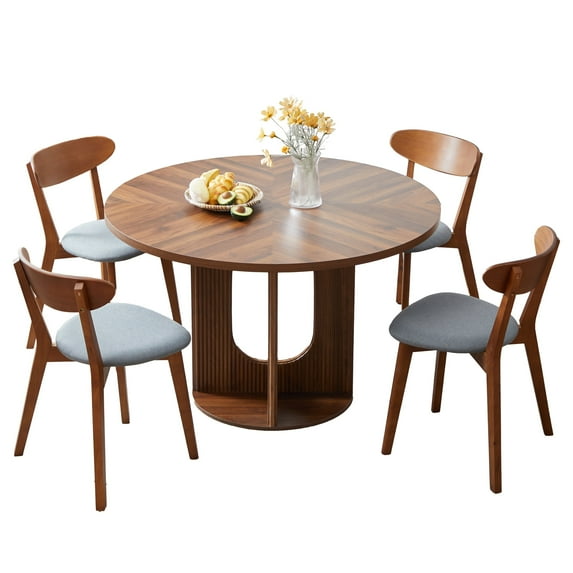 PHOYAL Walnut Round Dining Set for 4, 47 Inch Wooden Large Kitchen ...