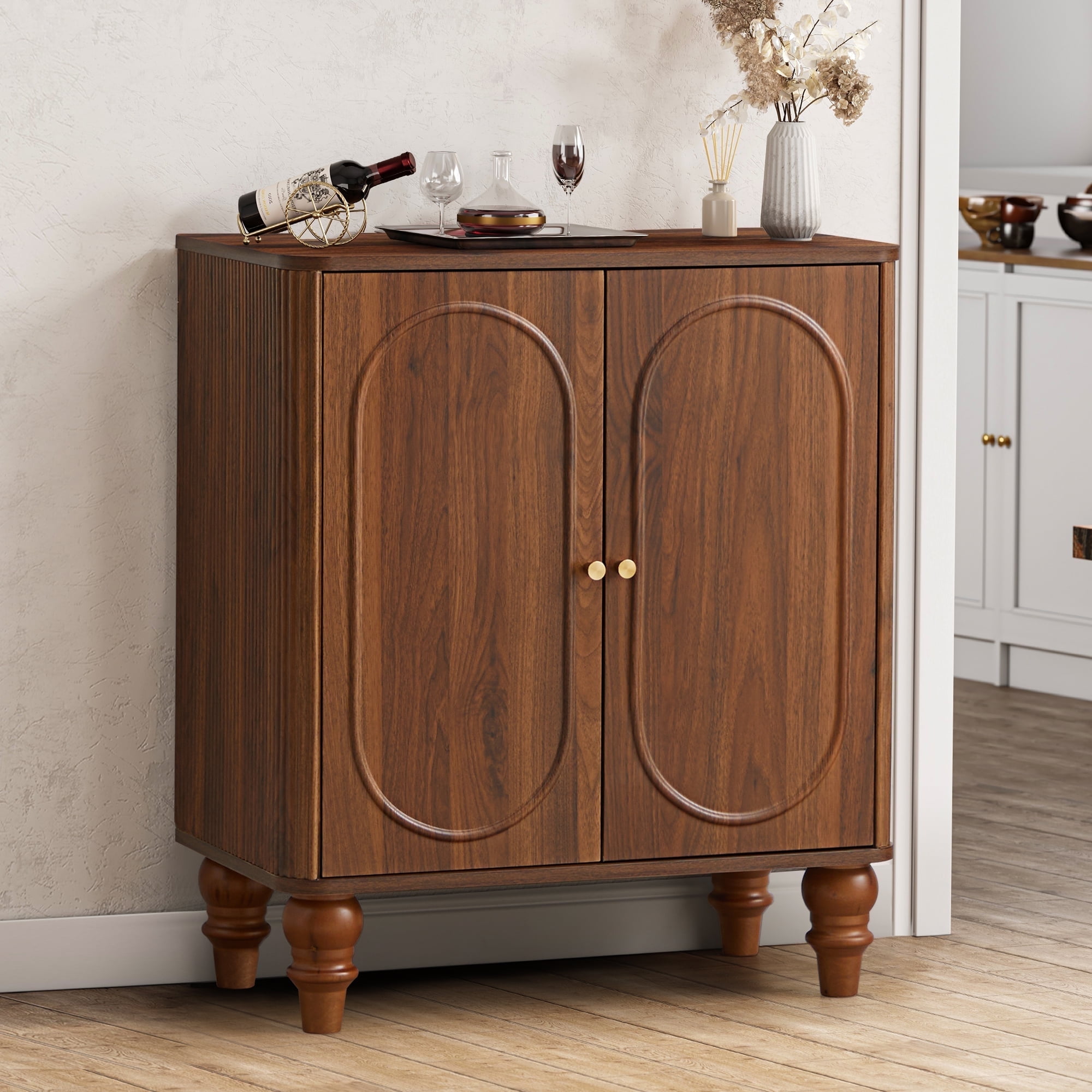 PHOYAL Walnut Sideboard and Buffets, Fluted Buffet Cabinet with 2 Arch ...