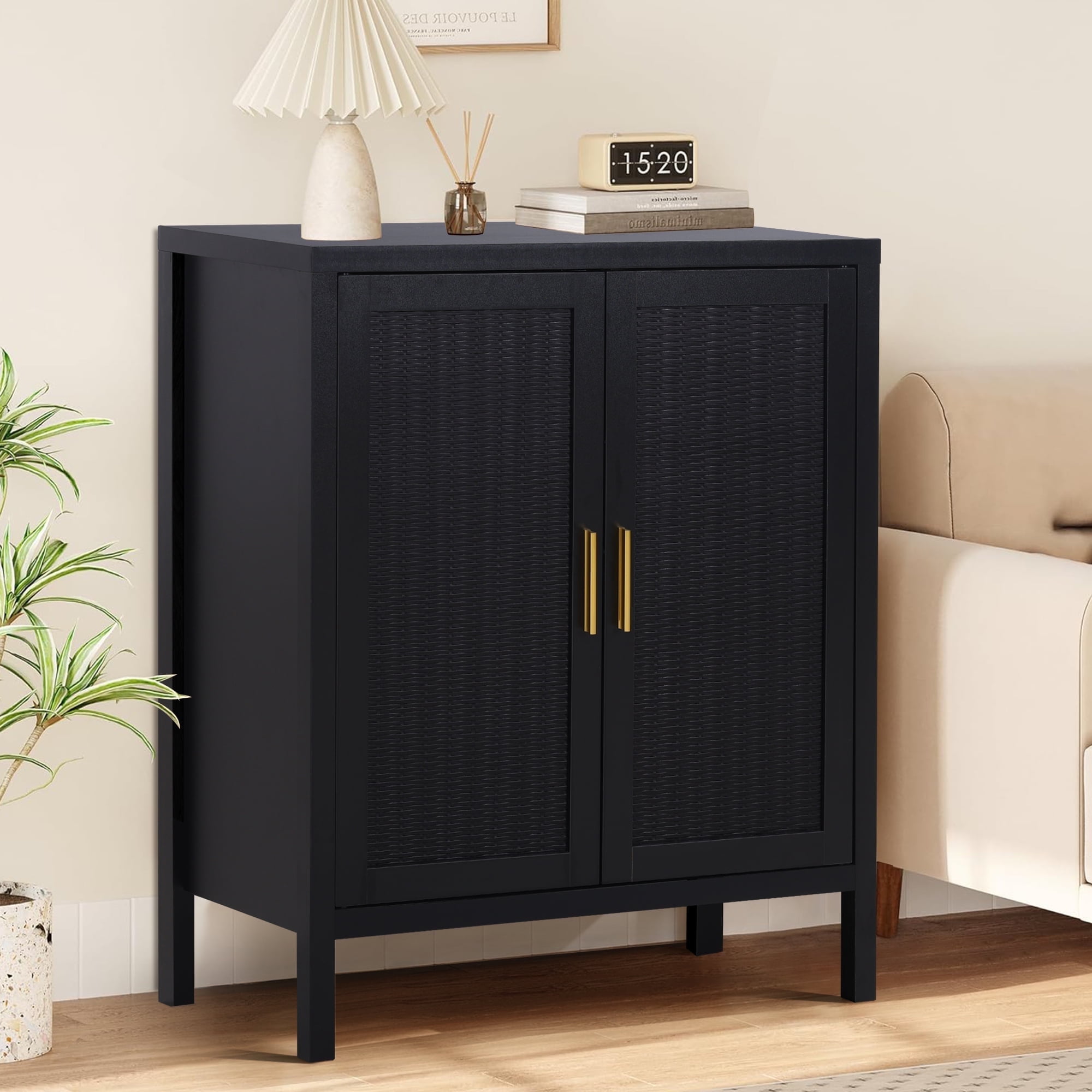 PHOYAL Wood Carving Rattan Veneer Accent Cabinet, Storage Cabinet with ...