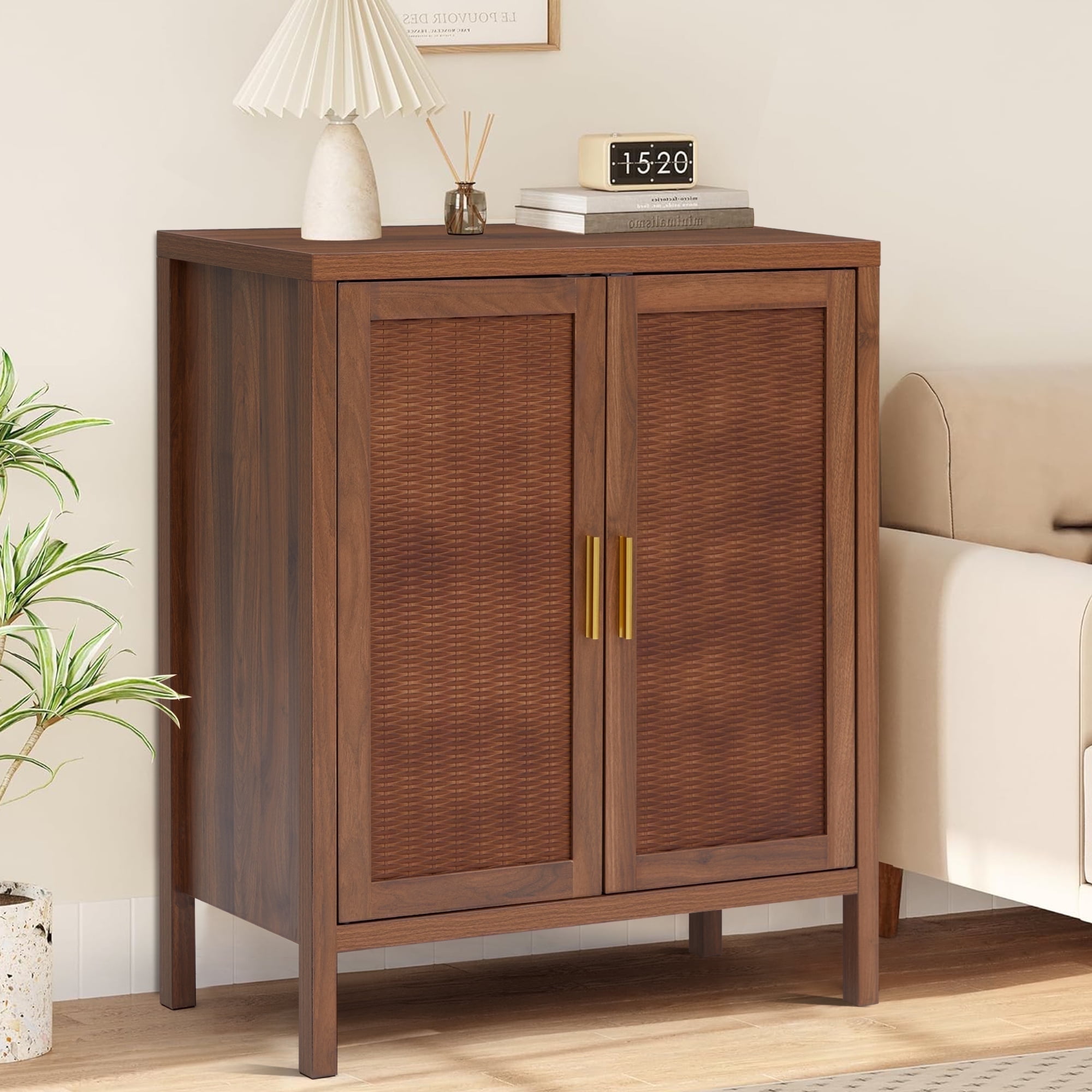 PHOYAL Wood Carving Rattan Veneer Accent Cabinet, Storage Cabinet with ...
