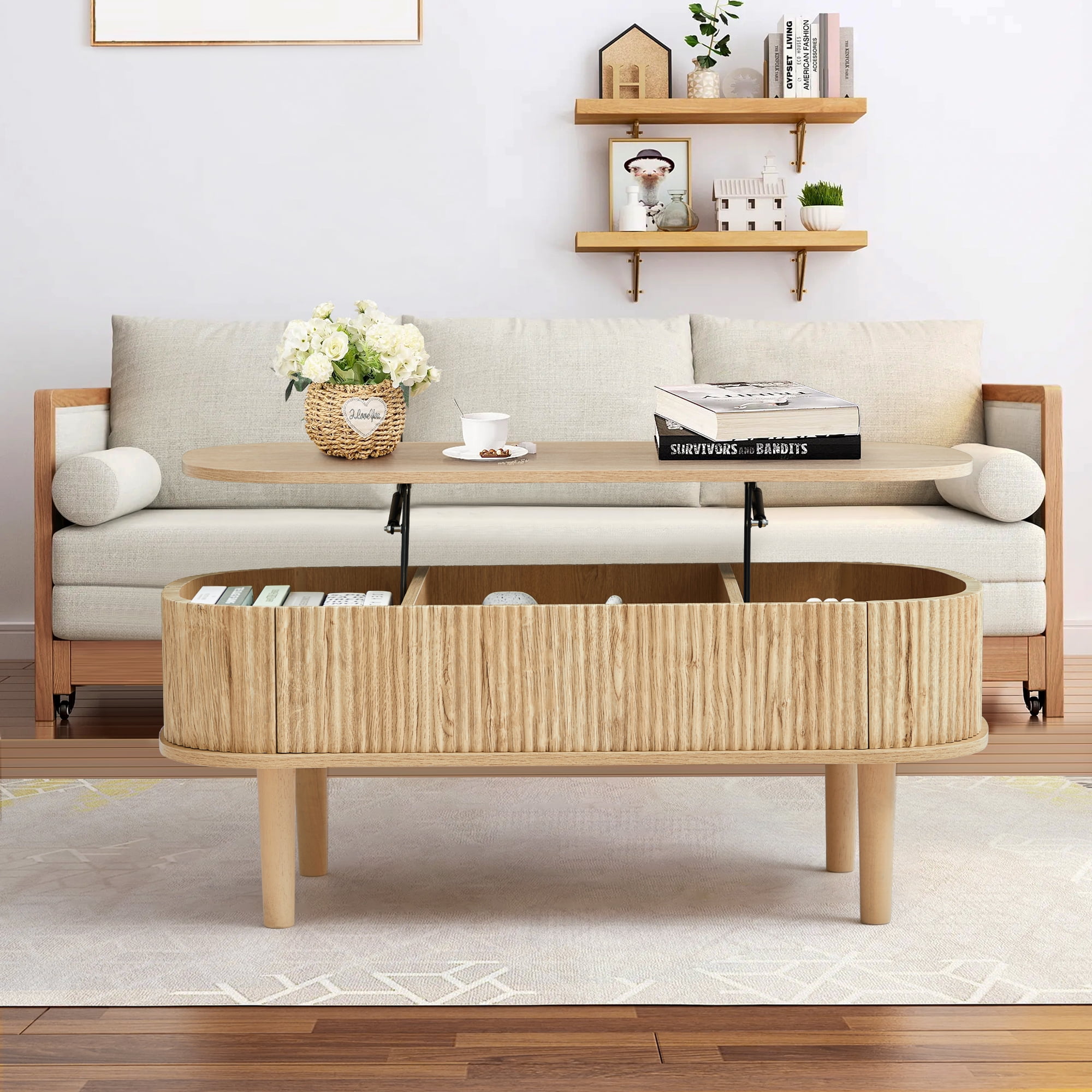 PHOYAL Wood Lift Top Coffee Table, Fluted Oval Design, Hidden Storage ...