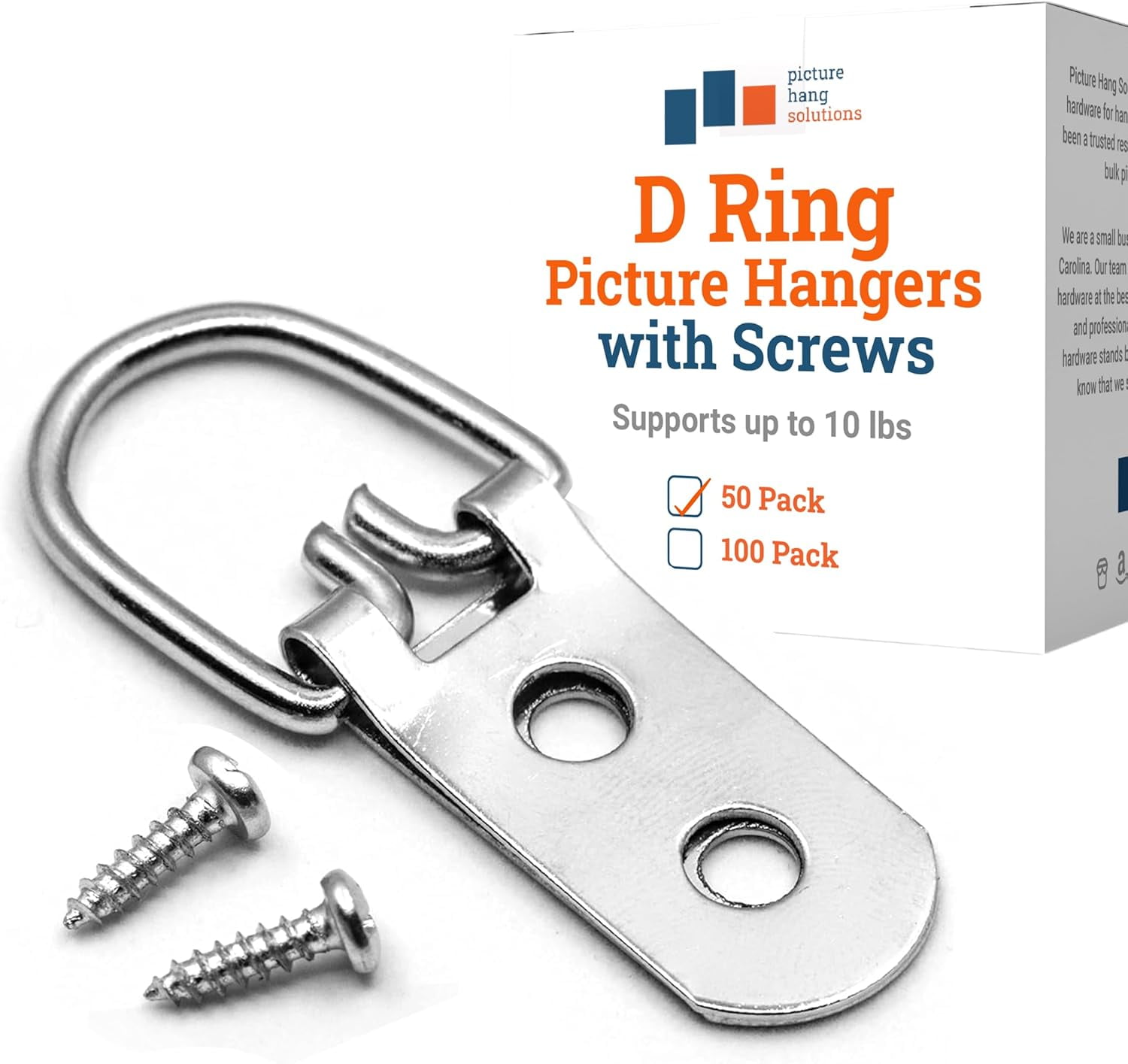 PHS Heavy Duty D Ring Picture Hangers - 50 Pack - 2 Hole with Screws ...