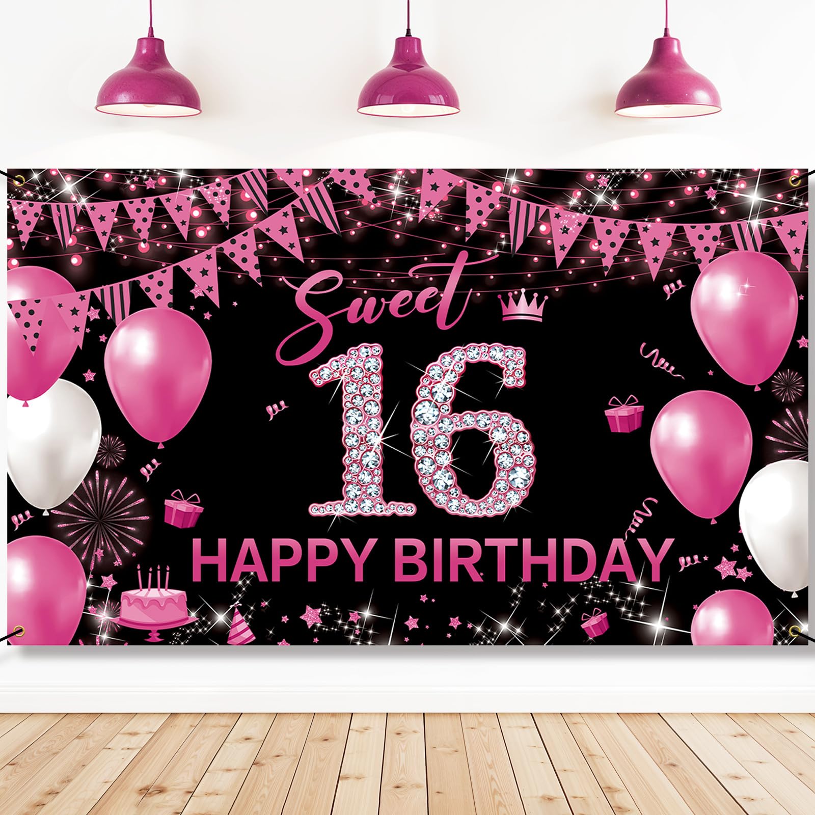 PHXEY Sweet 16 Party Decorations, Fabric Happy 16th Birthday Banner ...