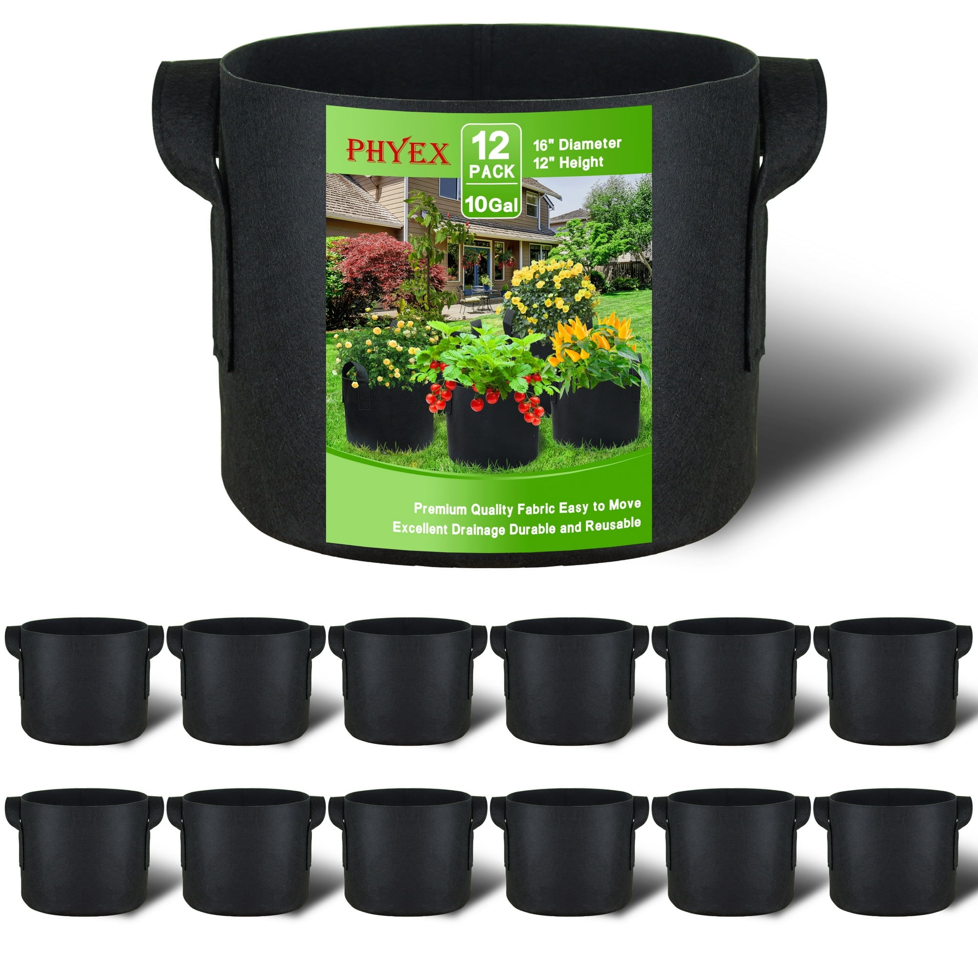 PHYEX 12-Pack 10 Gallon Grow Bags with Handles, Breathable Fabric Pots ...