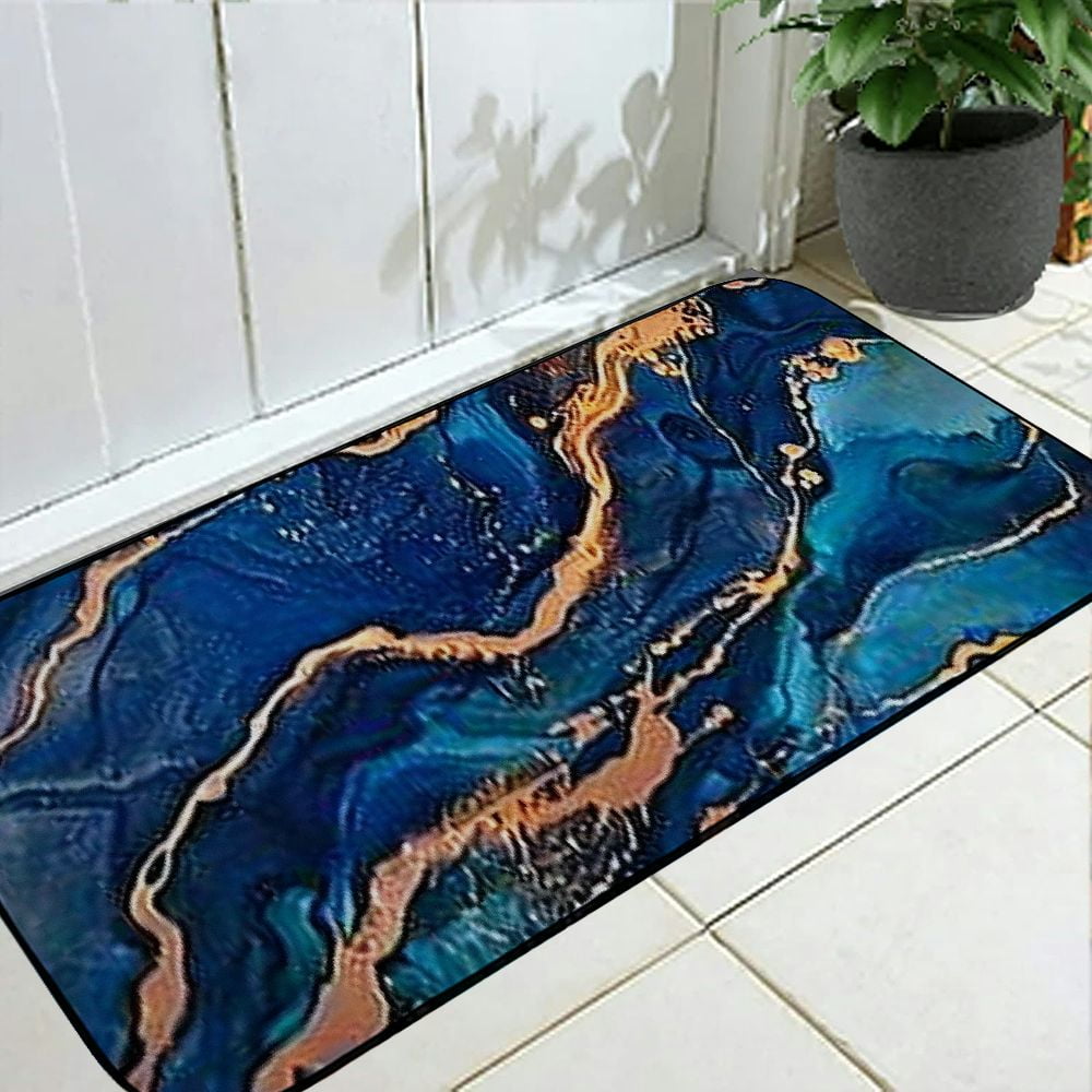PHYHOO Abstract Marble Kitchen Rugs Blue Jade Texture Gold Stripes ...