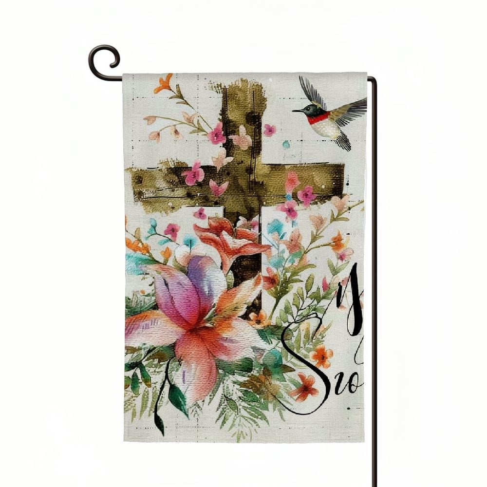 PHYHOO Easter Garden Flag Religious Cross Christian He is Risen Flower ...