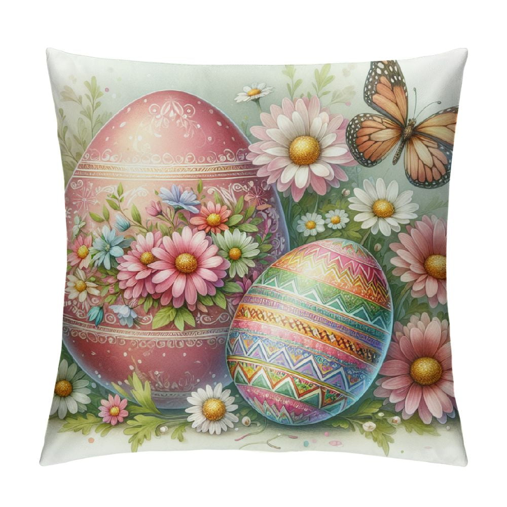 PHYHOO Pillow Covers Easter Eggs Floral Rabbit Pillows Decorative Throw ...