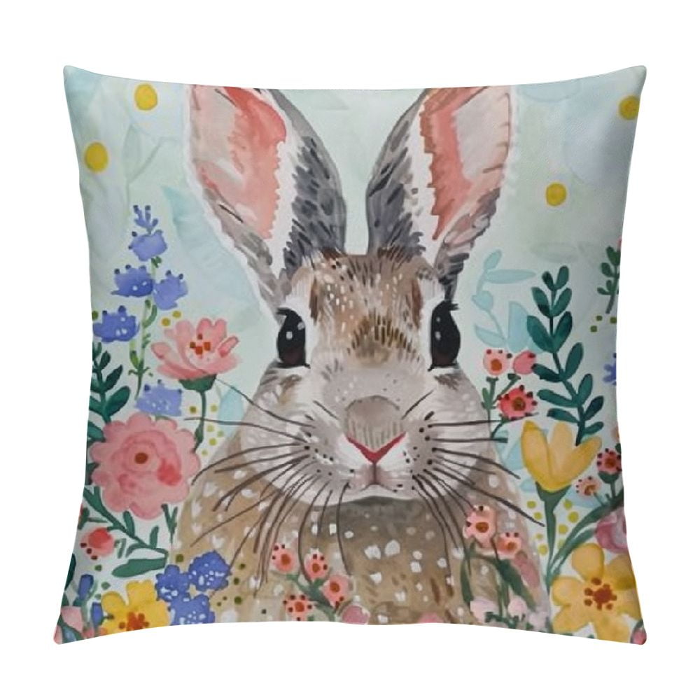 PHYHOO Pillow Covers, Floral Rabbits Bunny Hello Peeps Farmhouse ...