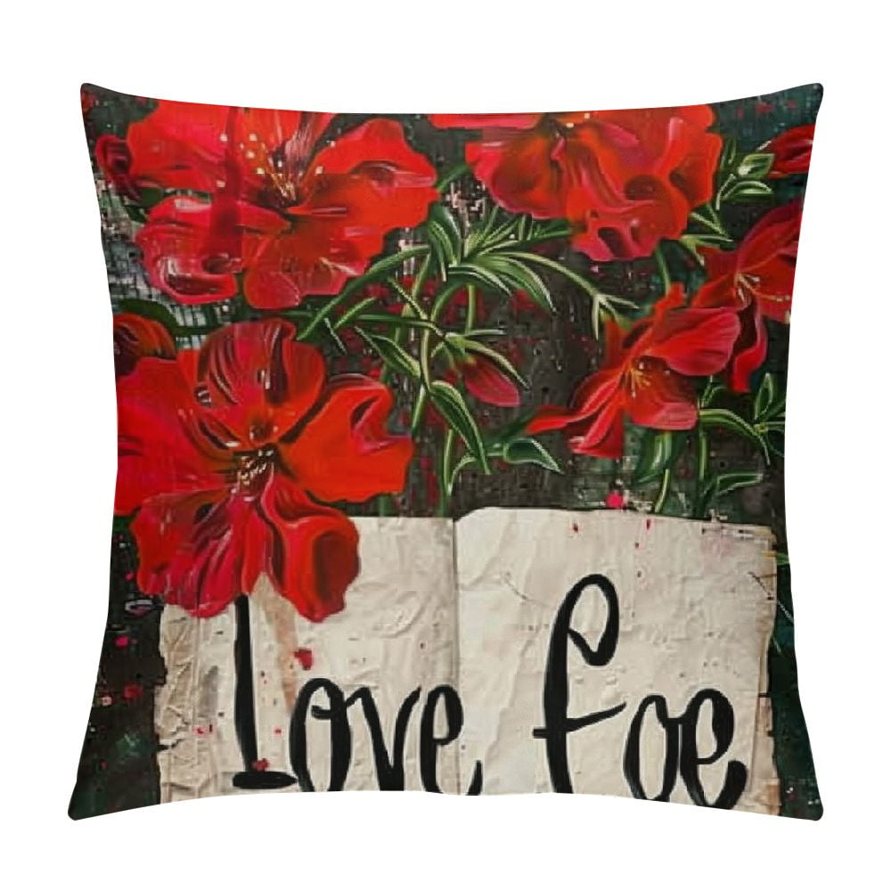 PHYHOO Red Flowers Pillow Covers, Red Floral Bloom Pillows Decorative ...