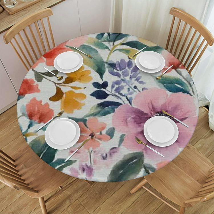 PHYHOO Round Tablecloth Fitted Table Cover with Elastic Edged Floral Spring Flower Print ...
