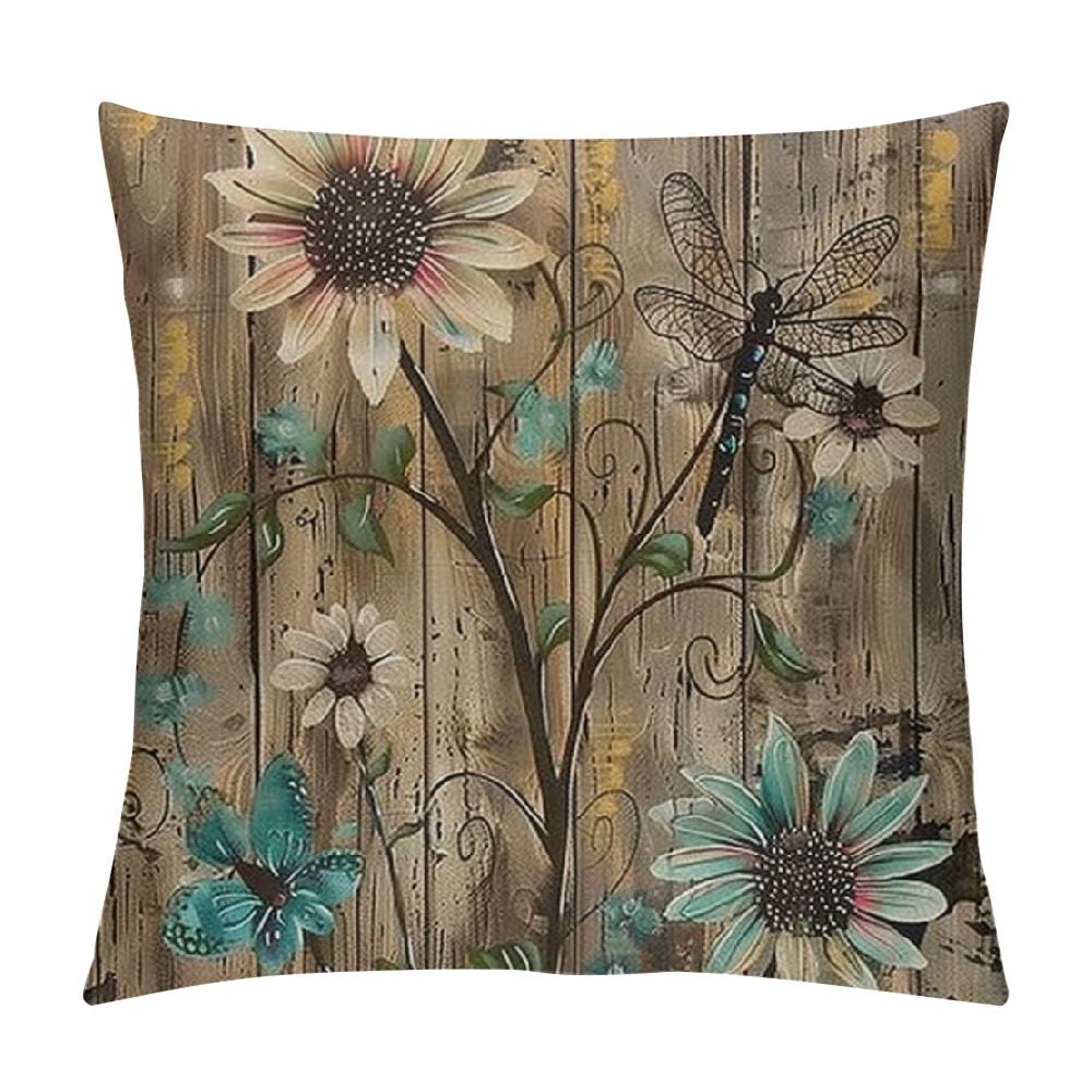 PHYHOO Rustic Daisy Pillow Covers, Vintage Daisy Floral Wooden Board ...