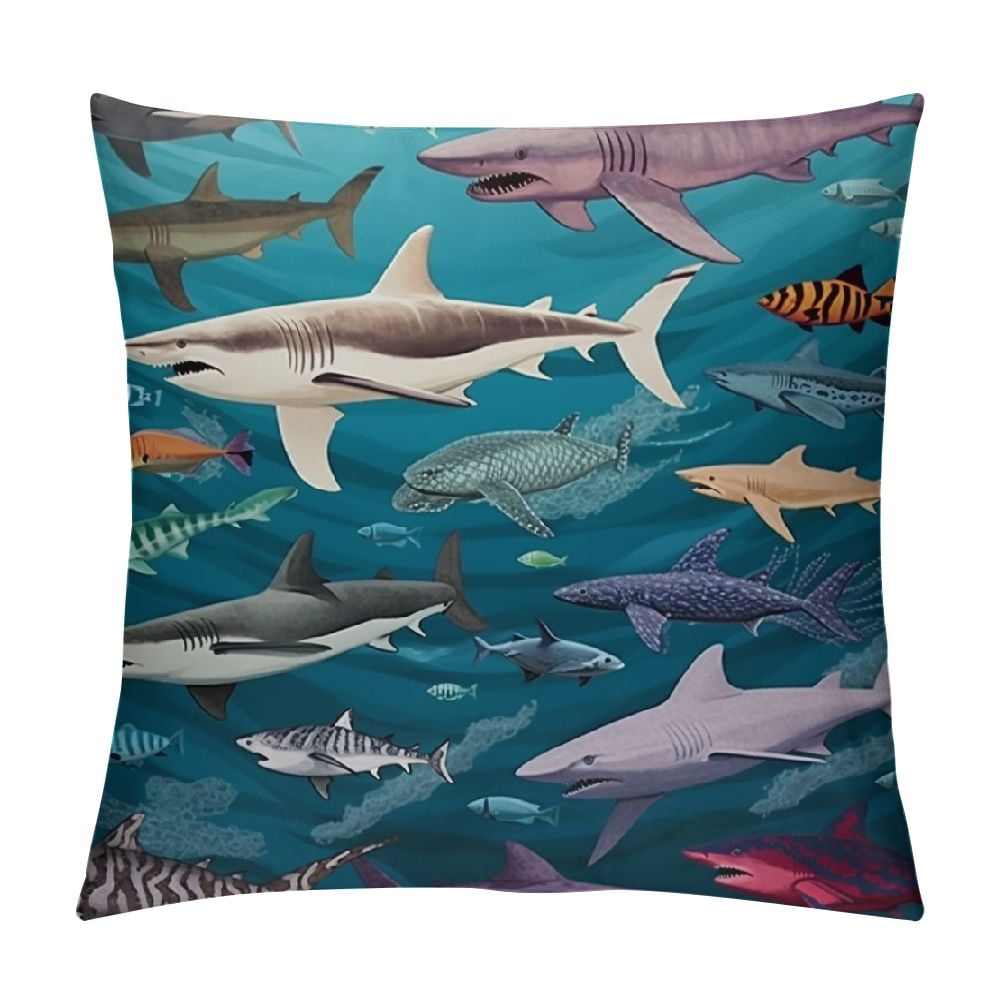 PHYHOO Shark Throw Pillow Cushion Cover, Types of Sharks Pattern Whaler ...