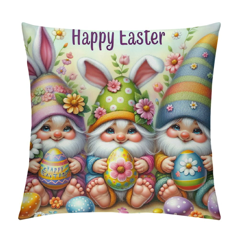 PHYHOO Short Plush Pillow Covers Happy Easter Gnomes Square Pillow Case ...