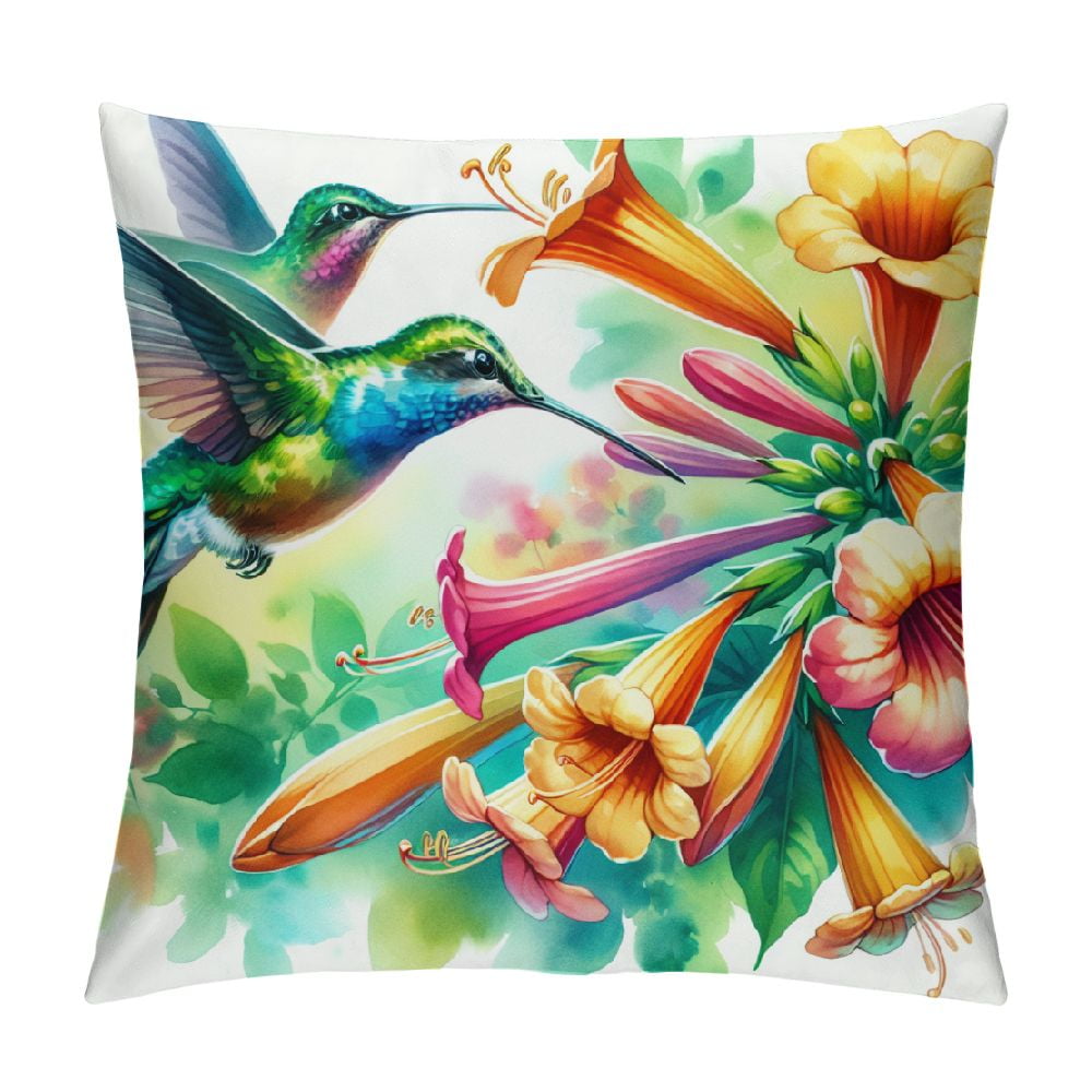 PHYHOO Short Plush Pillow Covers Hummingbird Flowers Square Pillow Case ...