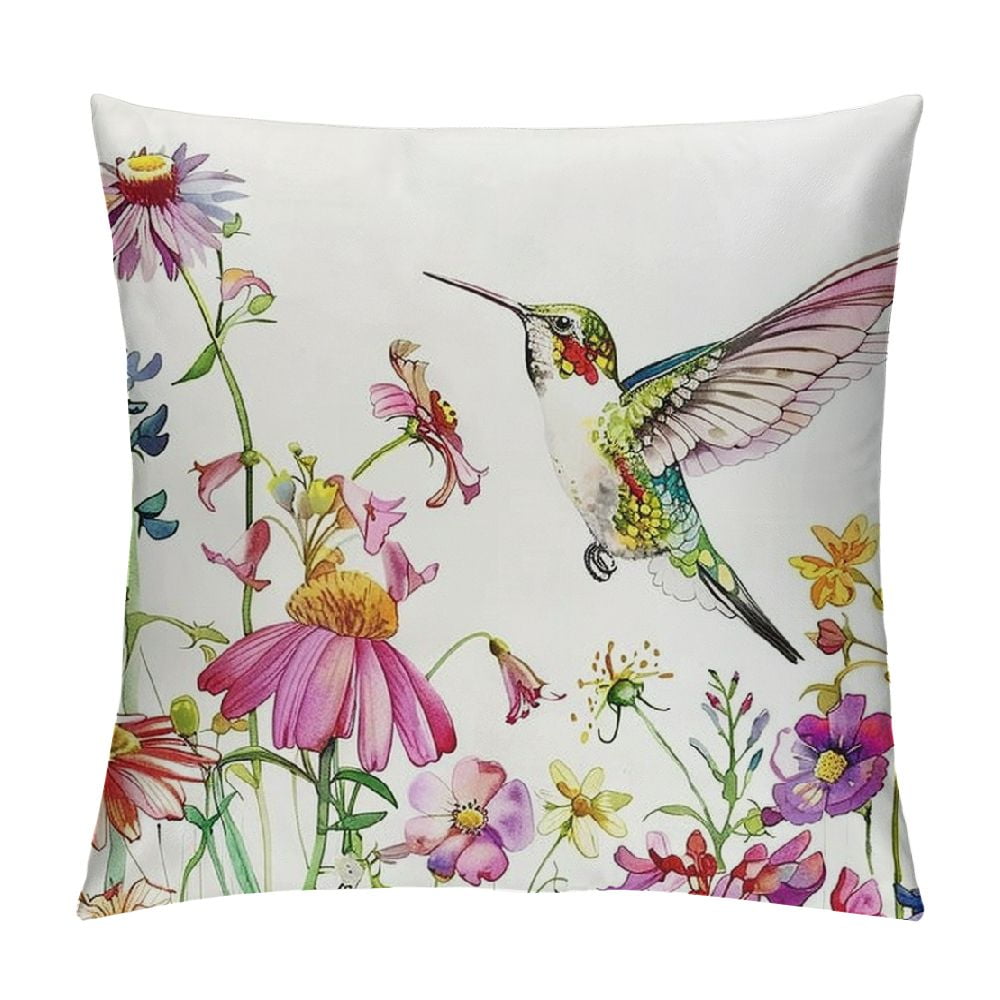 PHYHOO Spring Floral Birds Throw Pillow Covers Hummingbird Flowers ...