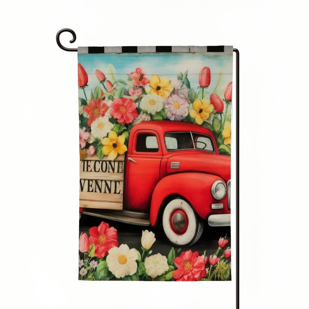 PHYHOO Spring Garden Flag Double Sided Vertical, Burlap Small Truck ...