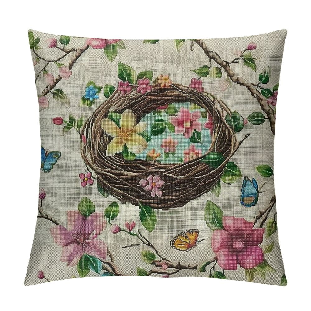 PHYHOO Spring Pillow Covers Floral Bird Eggs Green Throw Pillowcase ...