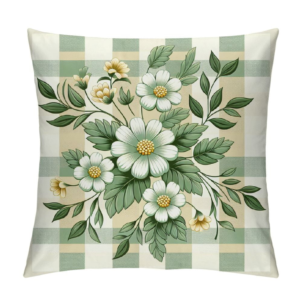 PHYHOO Spring Pillow Covers, Green Floral Flowers Buffalo Plaid Bloom ...