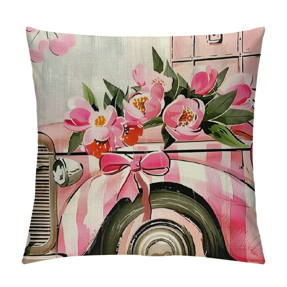PHYHOO Spring Pillow Covers Pink Flower Car Spring Throw Pillow Covers ...