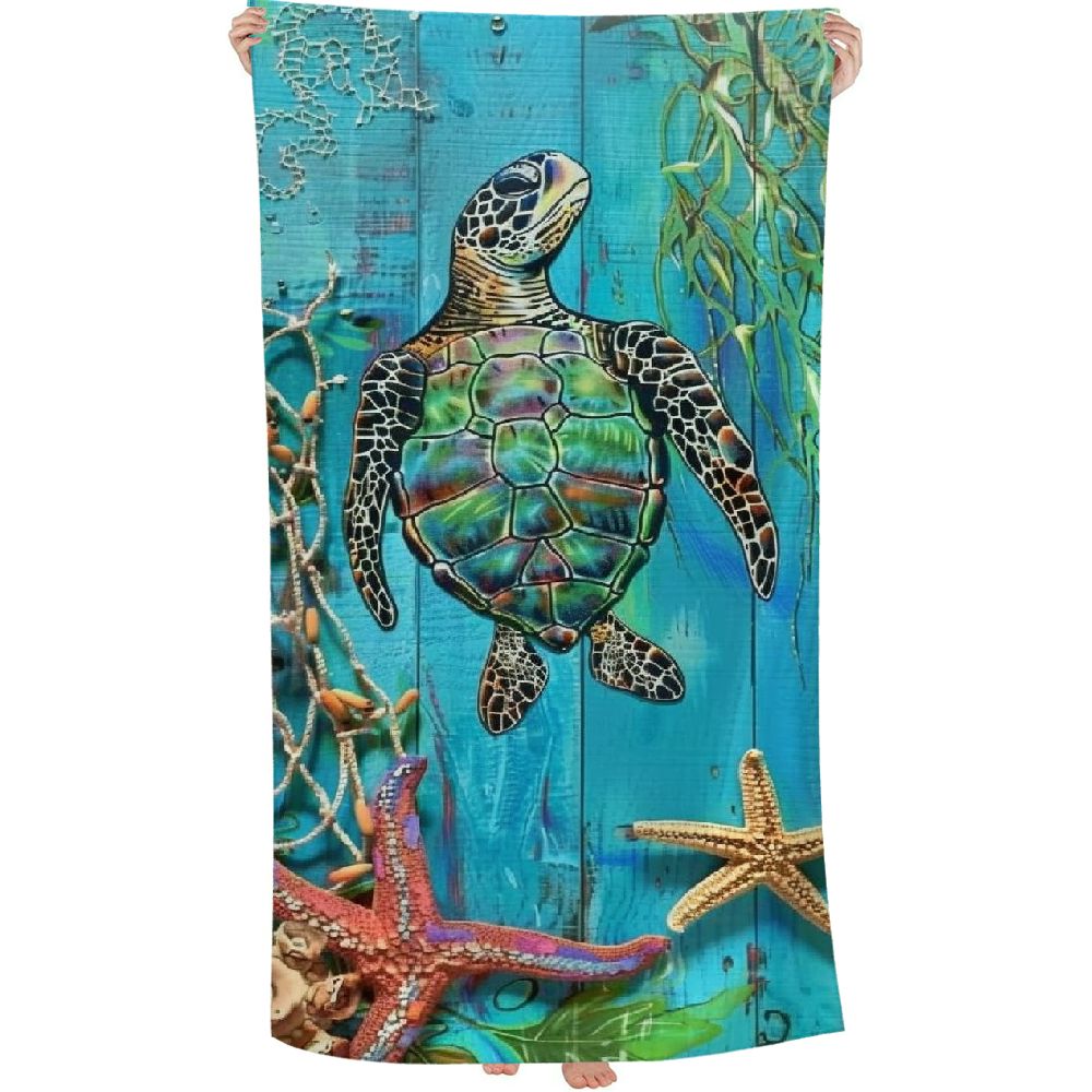 PHYHOO Turtle Starfish Seashell Microfiber Beach Towel, Beach Wooden ...