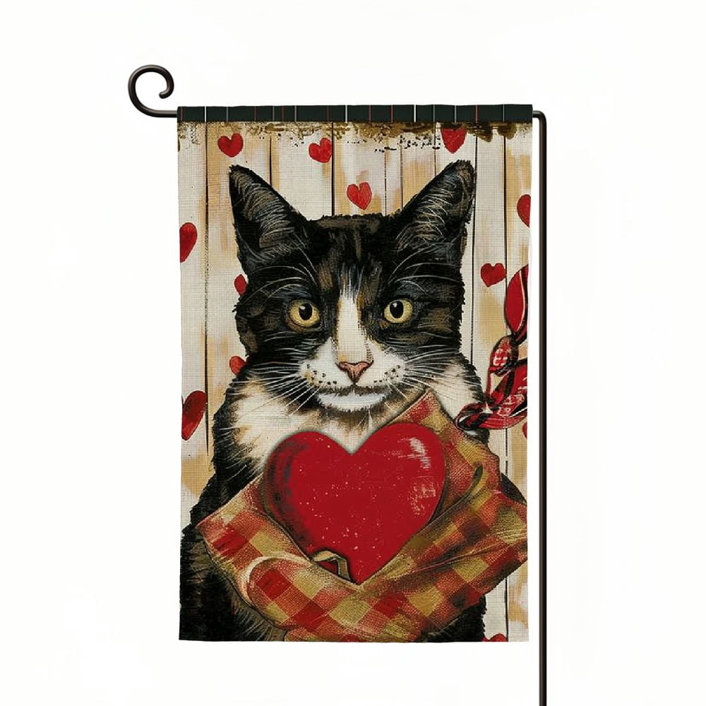 PHYHOO Valentines Day Cat Garden Flag Valentine Love Heart Garden Flag ...