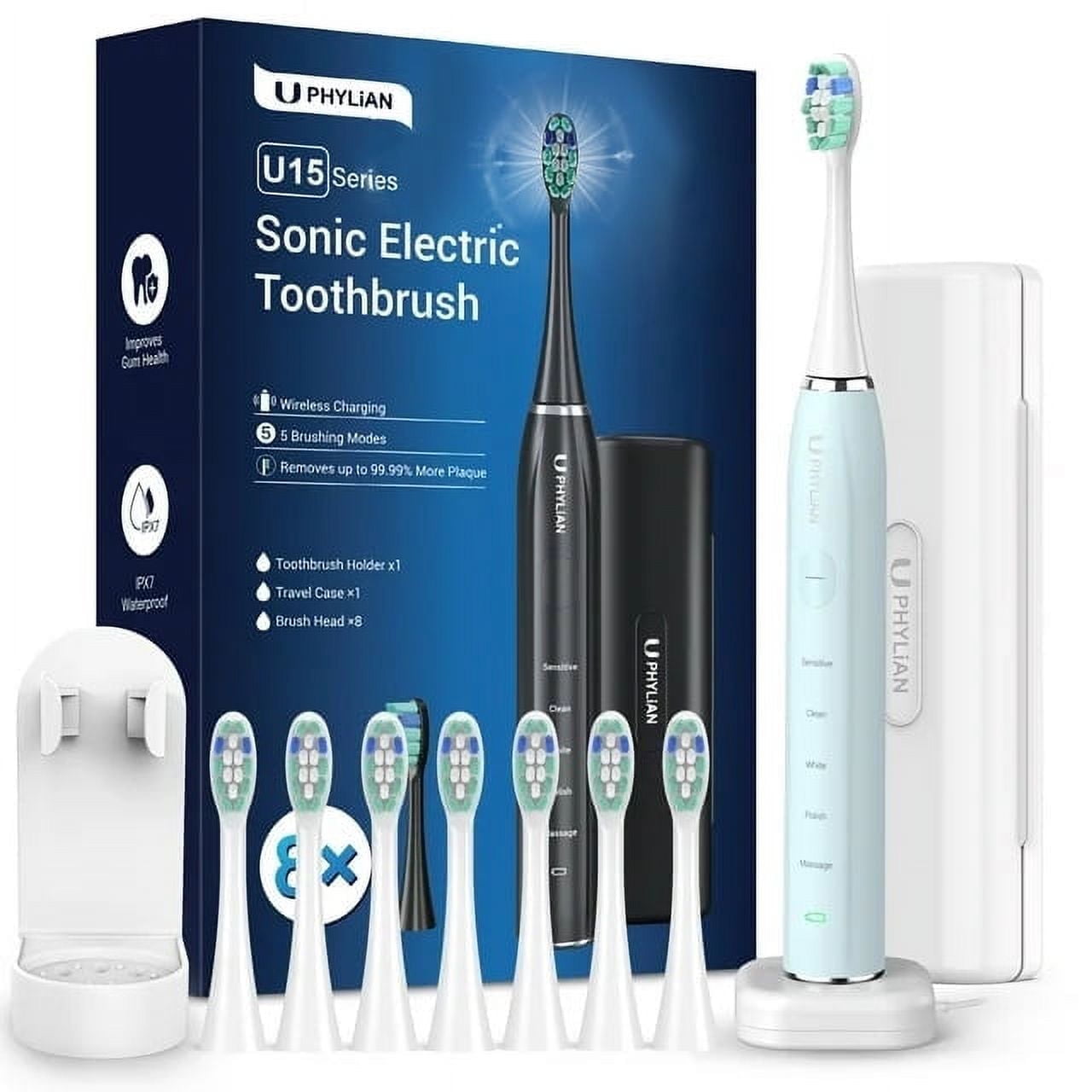 PHYLIAN PRO Sonic Electric Toothbrush - Rechargeable, 8 Heads, 5 Modes ...