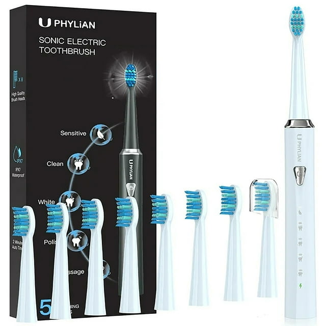 PHYLIAN Rechargeable Sonic Electric Toothbrush for Adults, Smart Whitening, 8 Brush Heads, 60 ...
