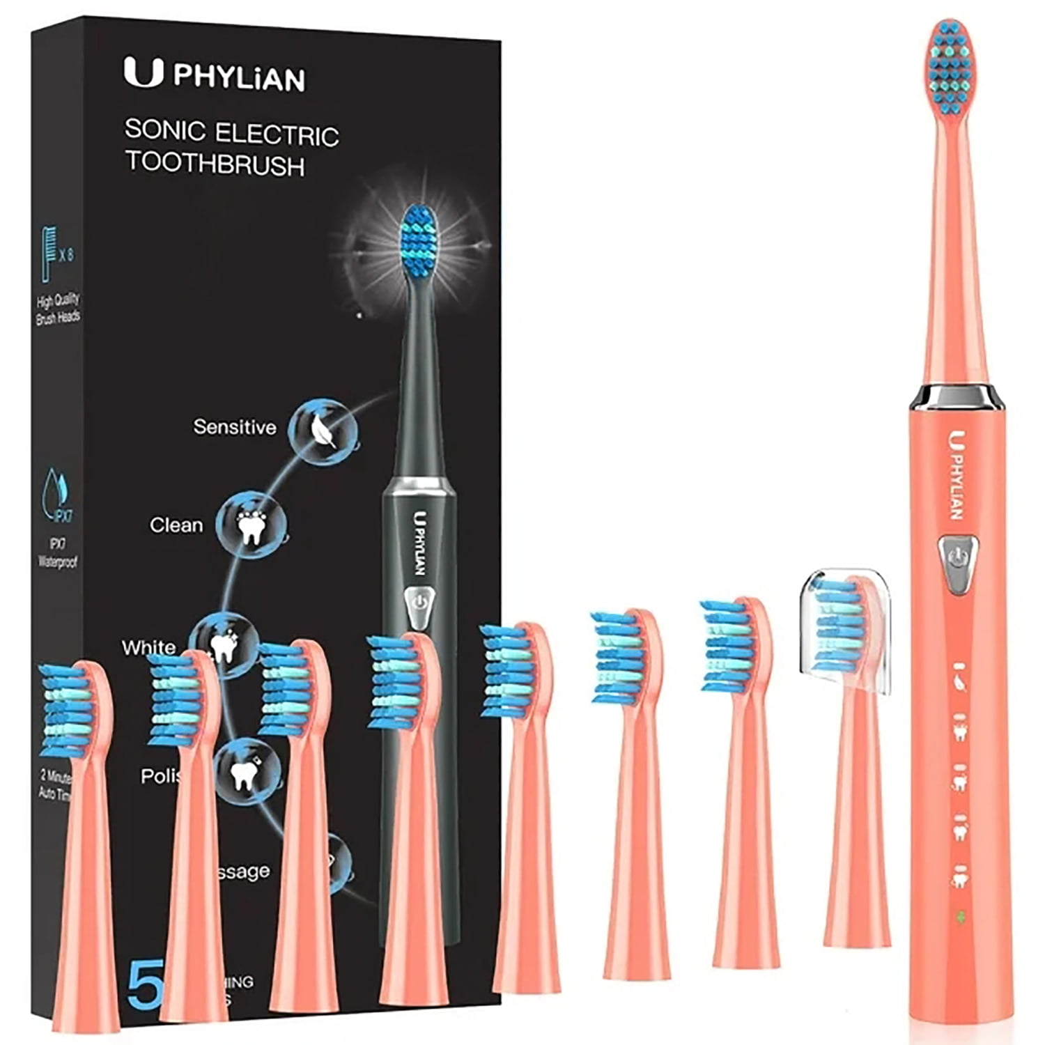 PHYLIAN Sonic Electric Toothbrush, Rechargeable, 60 Days Battery, 8 ...
